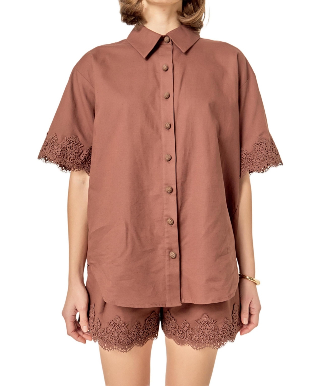 Click here for English Factory Womens Linen Lace Shirt - Chocolat... prices