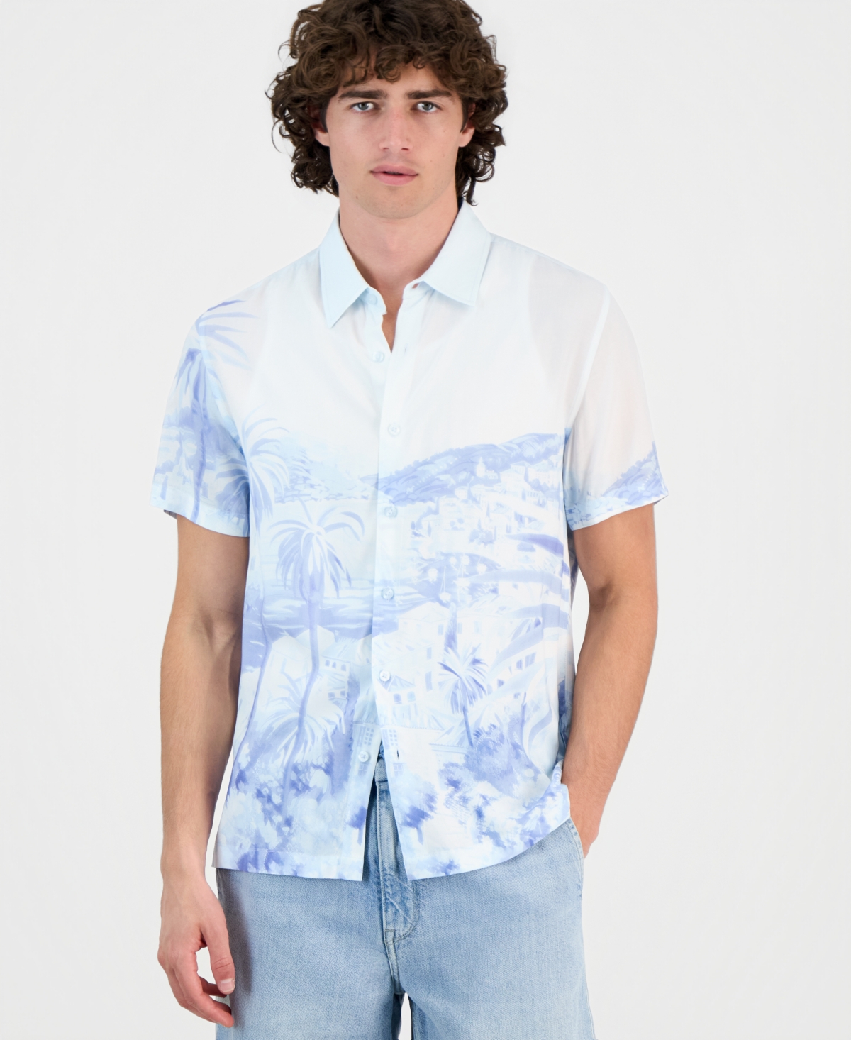 Click here for Guess Mens Riviera Palm-Print Short-Sleeve Button... prices