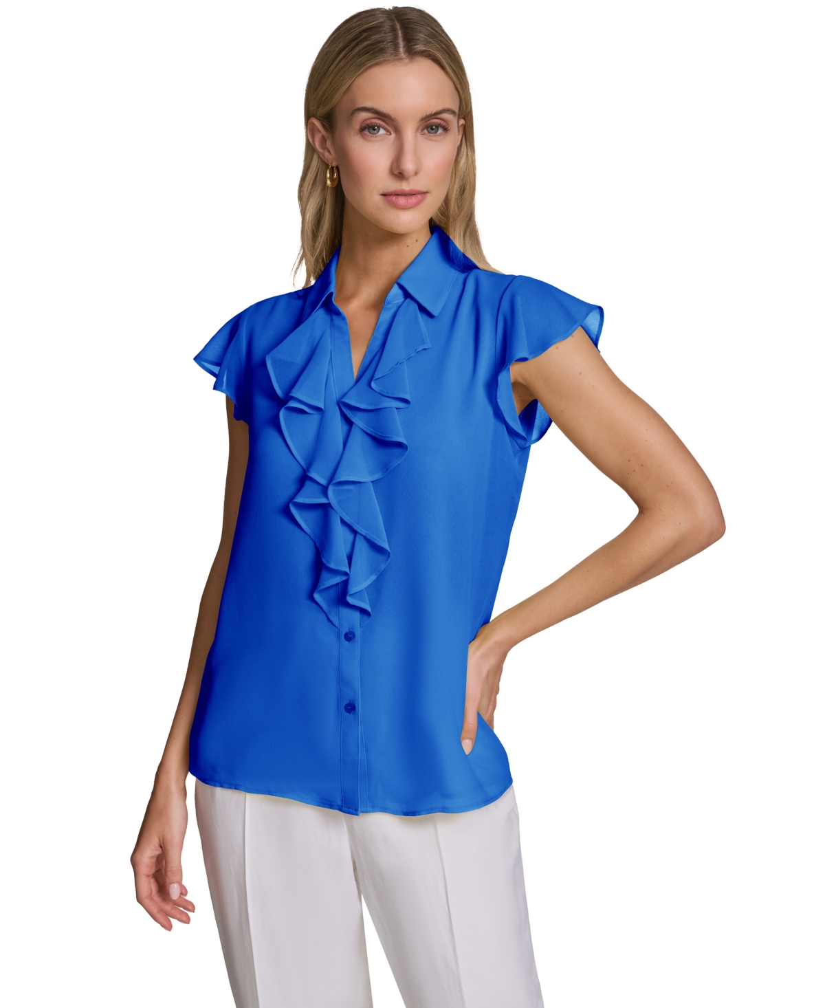 Click here for Calvin Klein Womens Ruffle-Front Collared Neck Top... prices