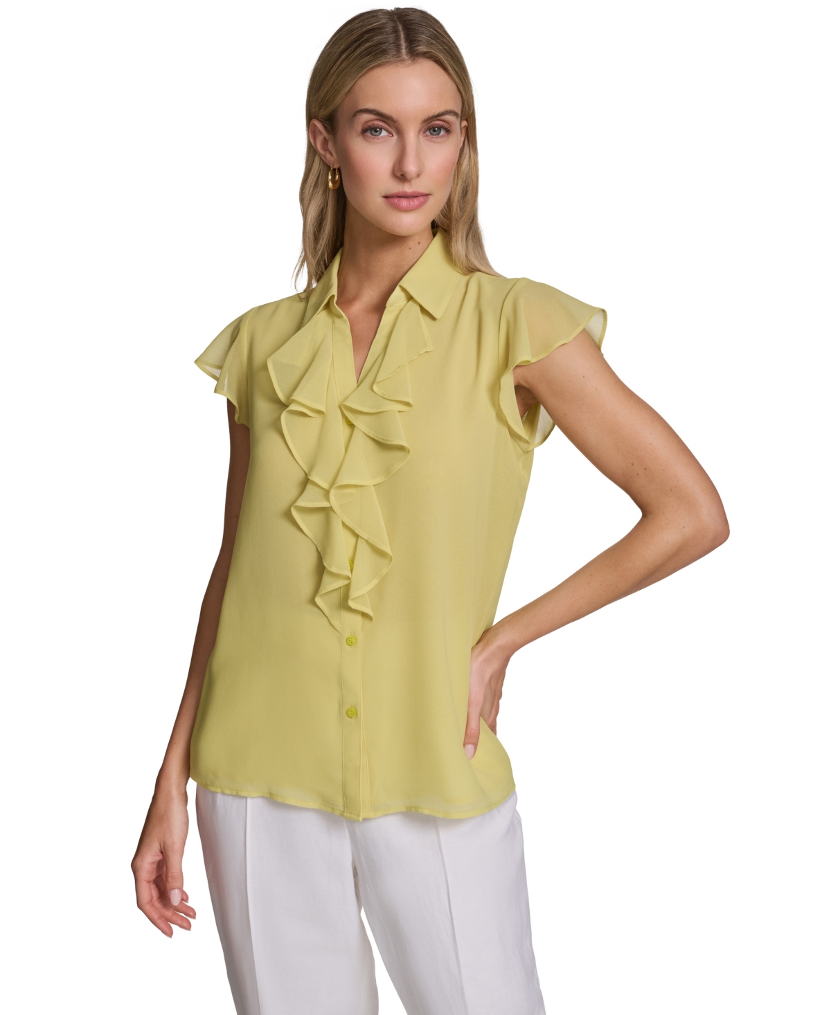 Click here for Calvin Klein Womens Ruffle-Front Collared Neck Top... prices