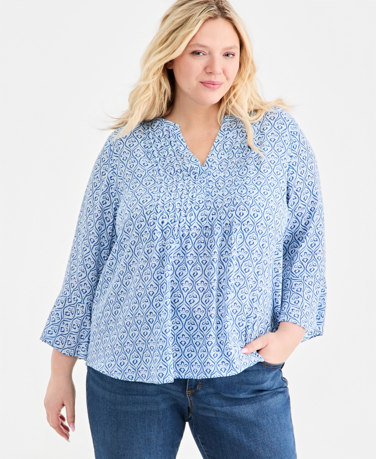 Click here for Style & Co Plus Size Pintucked Bell-Sleeve Printed... prices