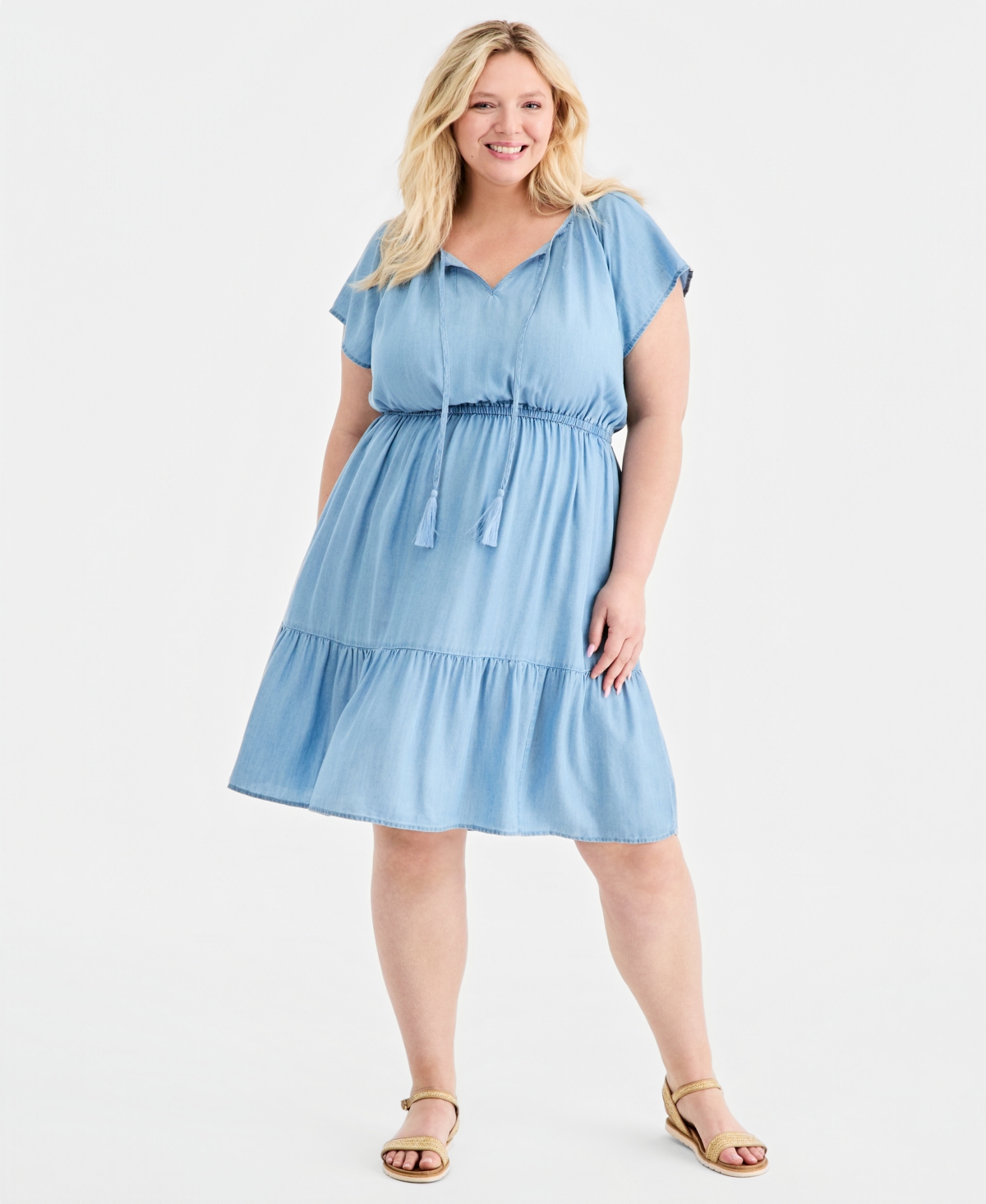 Click here for Style & Co Plus Size Chambray Tiered Midi Dress  M... prices