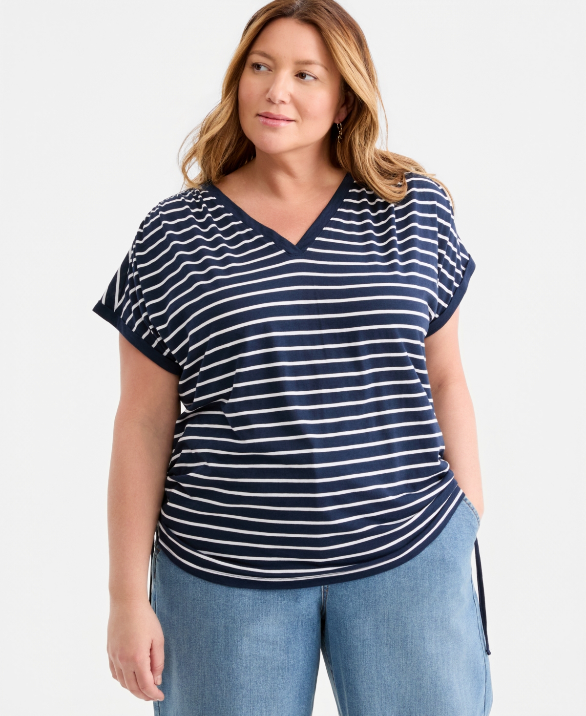 Click here for Style & Co Plus Size Striped Ruched-Tie V-Neck Top... prices