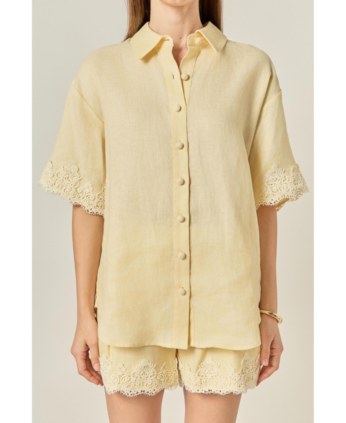 Click here for English Factory Womens Linen Lace Shirt - Butter y... prices