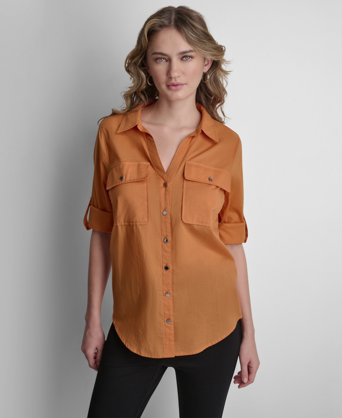 Click here for Dkny Womens Long-Sleeve Collared Shirt - Amber Glo... prices
