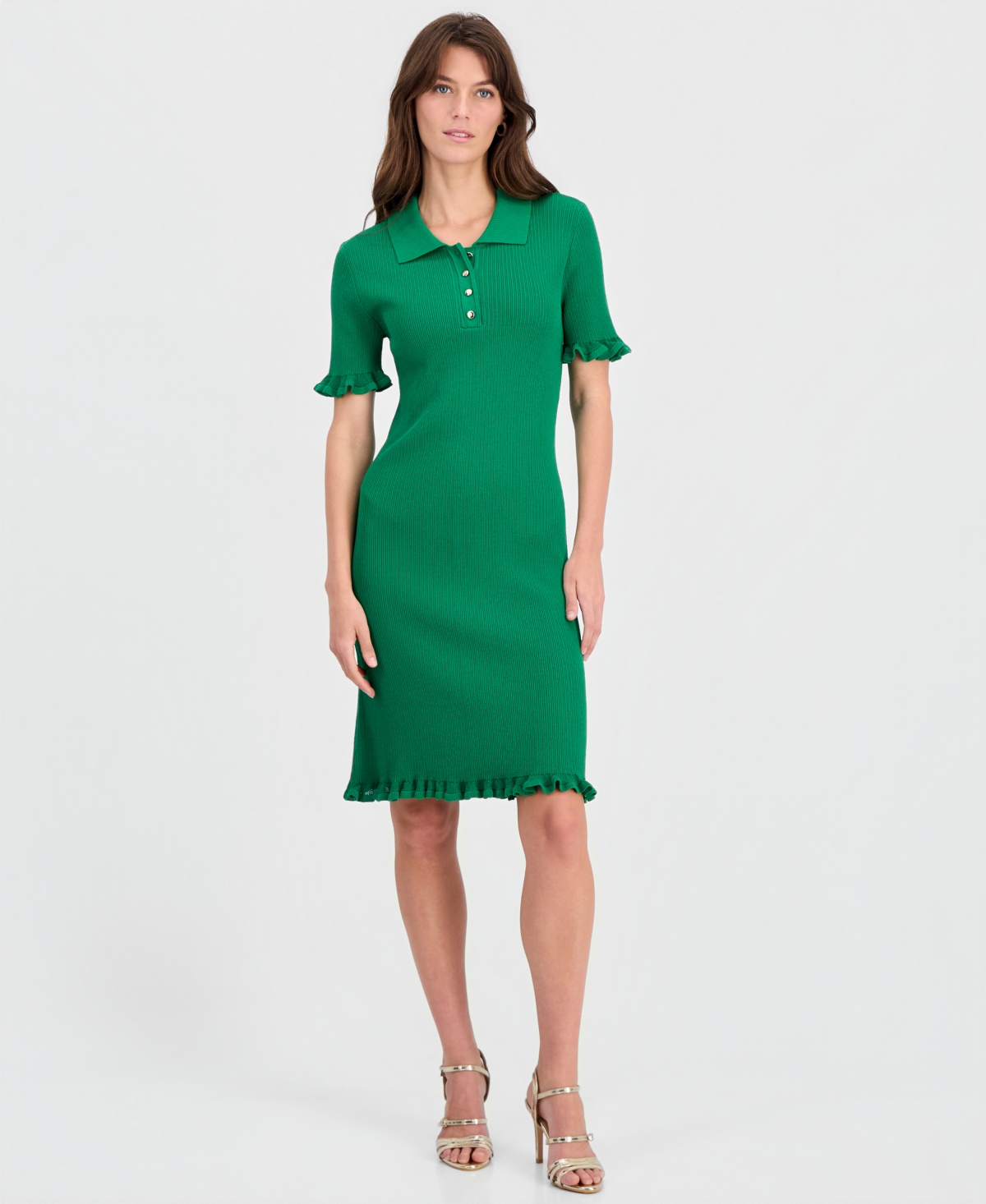 Click here for T Tahari Womens Ribbed Ruffle-Trim Dress - Jungle... prices