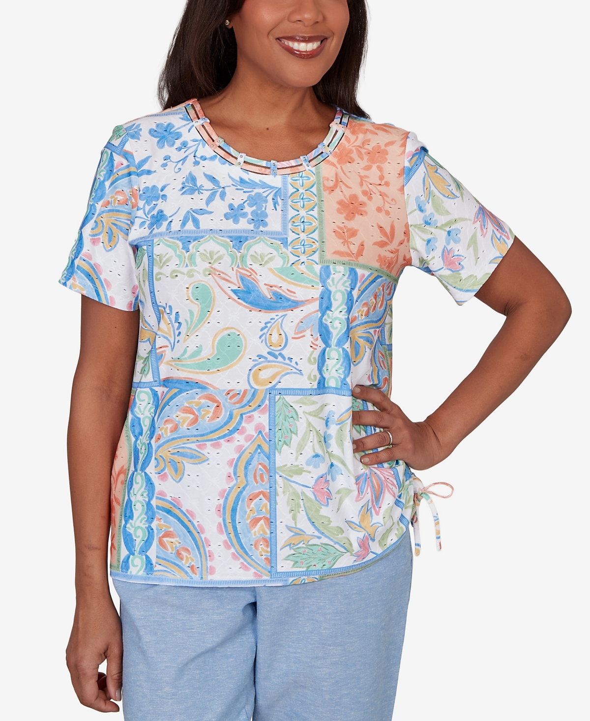 Click here for Alfred Dunner Petite Caribbean Blues Patchwork Scr... prices