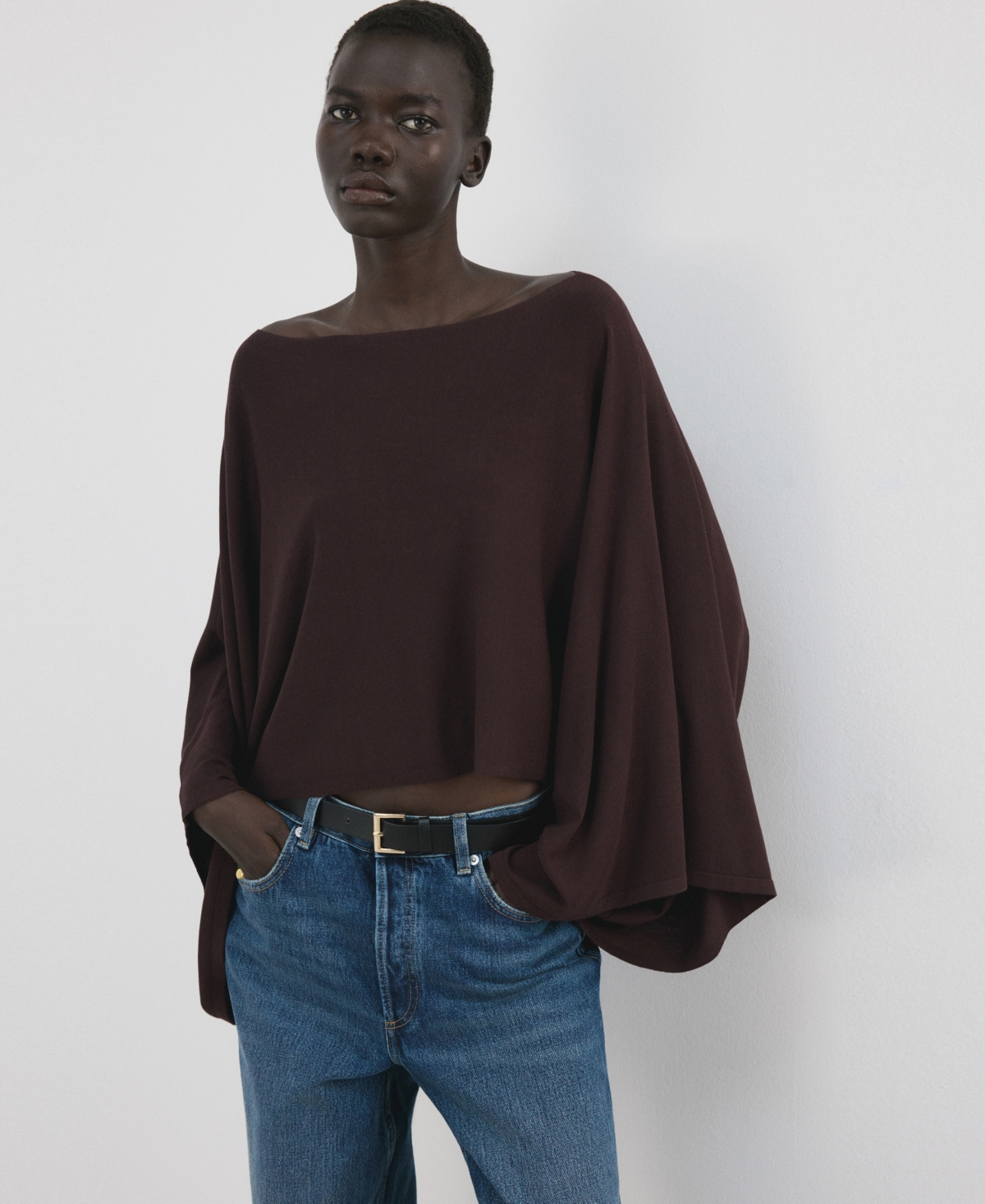 Click here for Mango Womens Asymmetrical Knitted Cape - Wine prices
