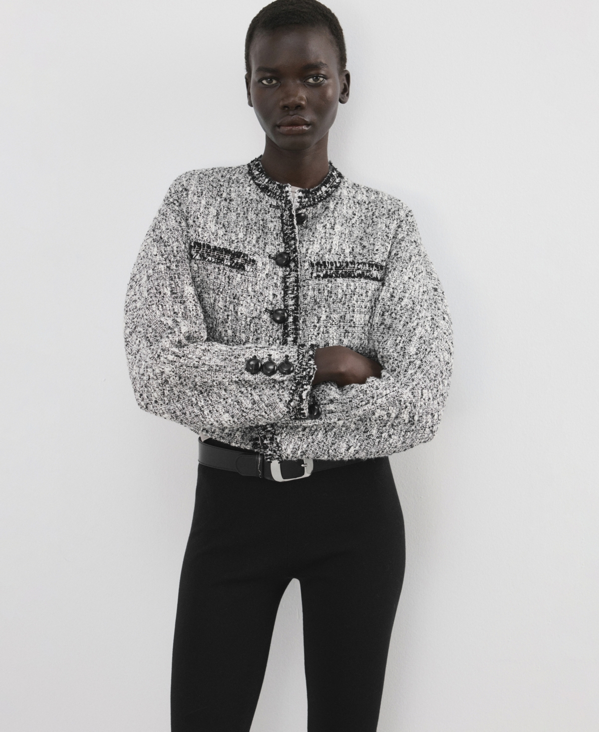 Click here for Mango Womens Frayed Ends Tweed Jacket - Black prices