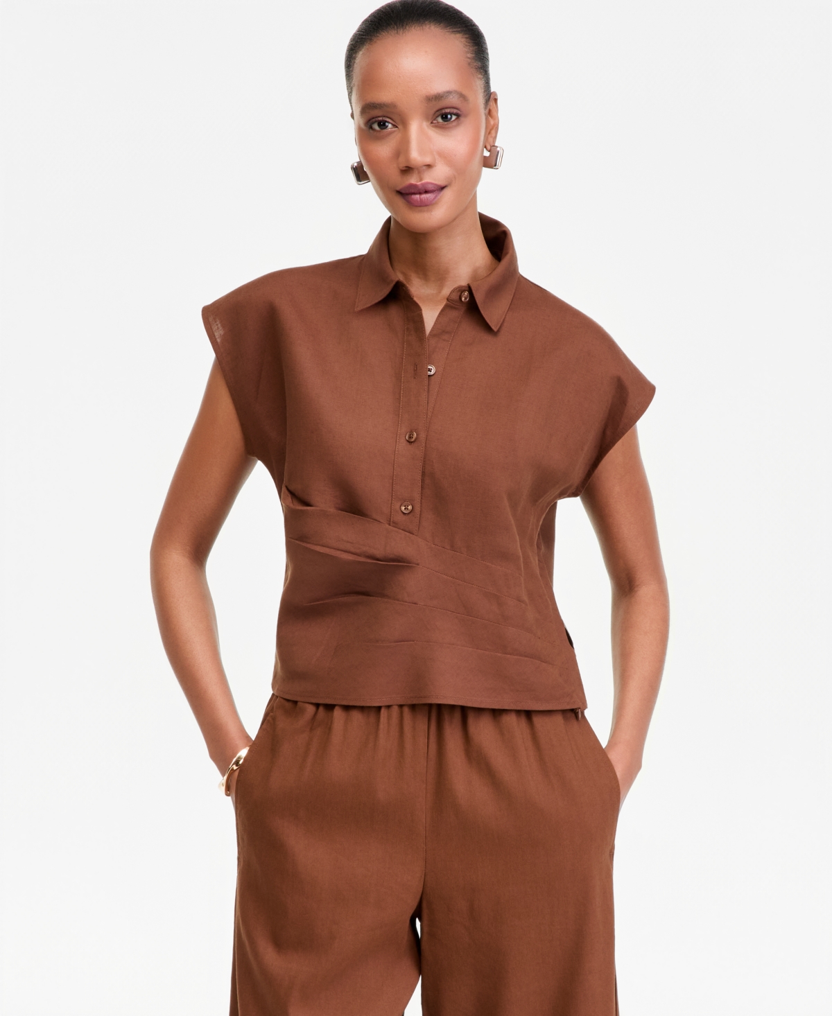 I.n.c. International Concepts Womens Linen-Blend Wrap Blouse  Exclusively at Macys - Brown Tree