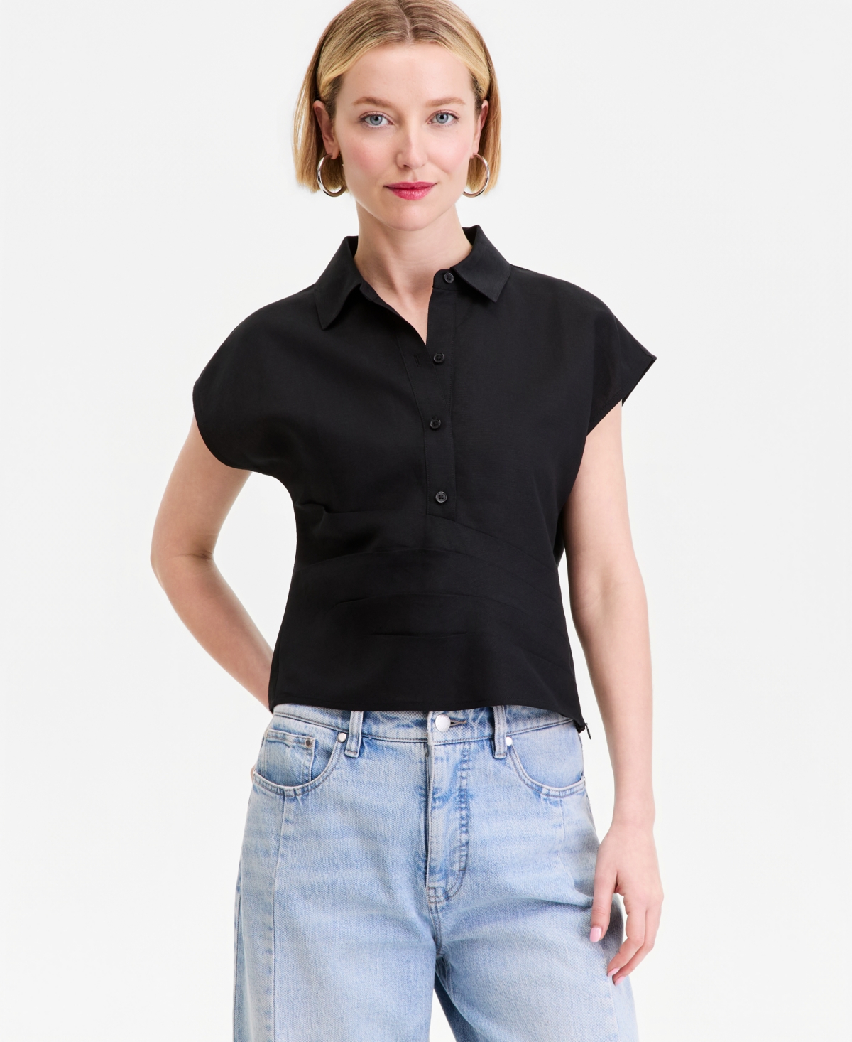 I.n.c. International Concepts Womens Linen-Blend Wrap Blouse  Exclusively at Macys - Deep Black