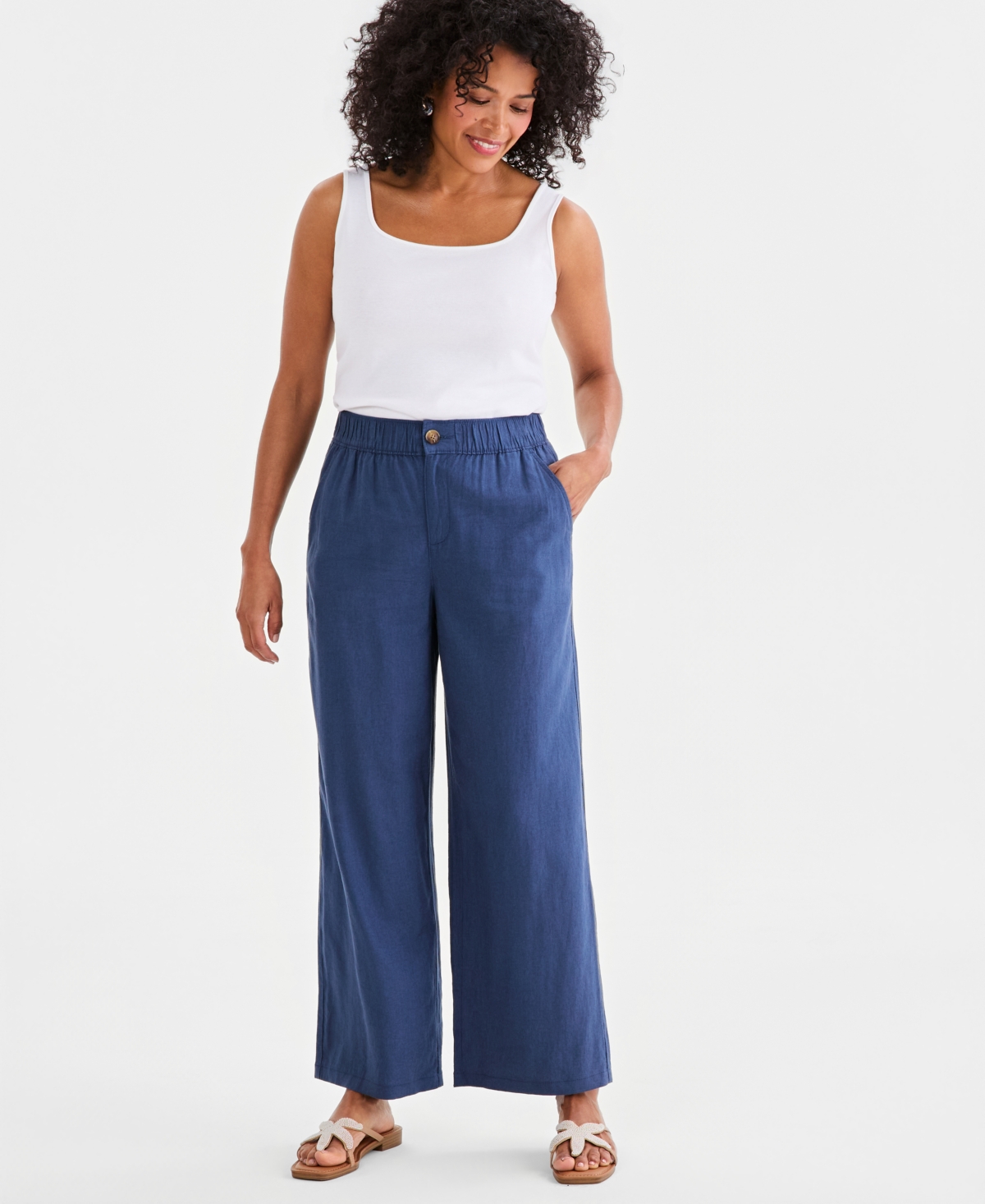 Click here for Style & Co Womens Linen Blend Button-Front Wide-Le... prices