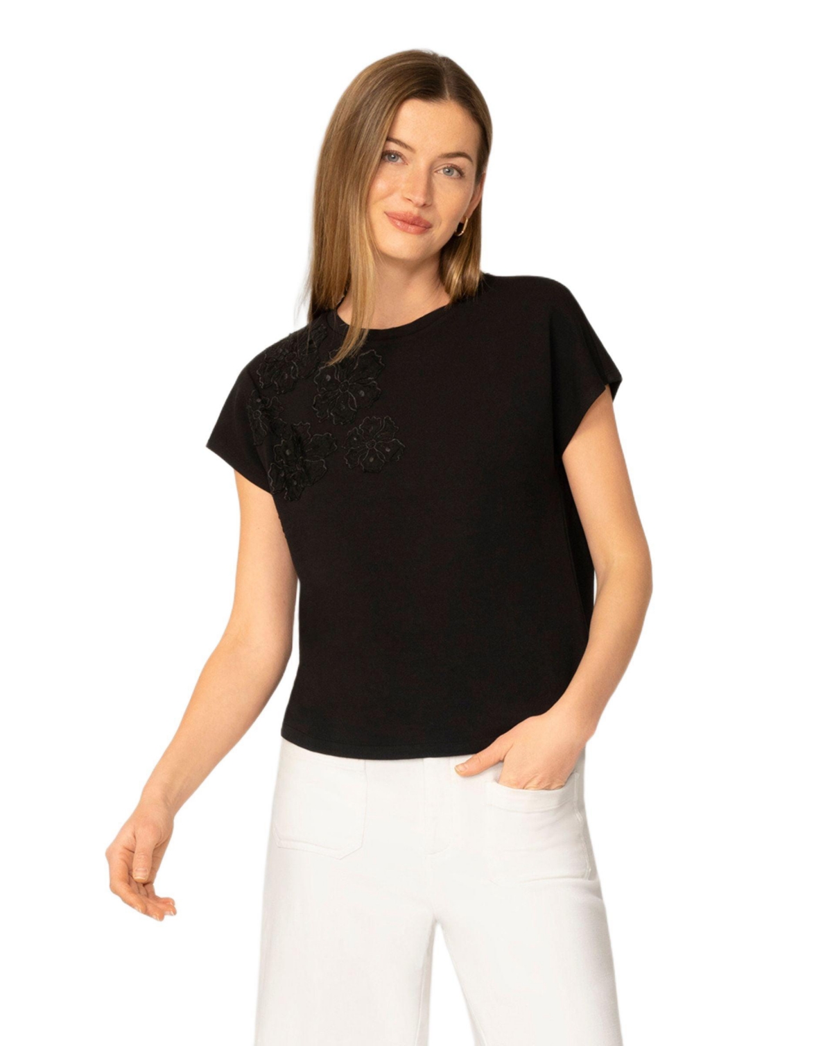 Click here for Cable & Gauge Womens Flower Applique Tee - Jet bla... prices