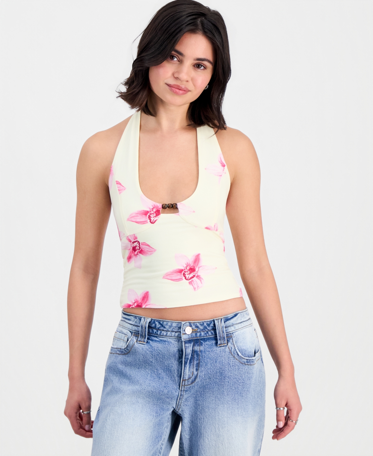 Click here for Derek Heart Juniors Beaded Printed Halter Top - Tr... prices