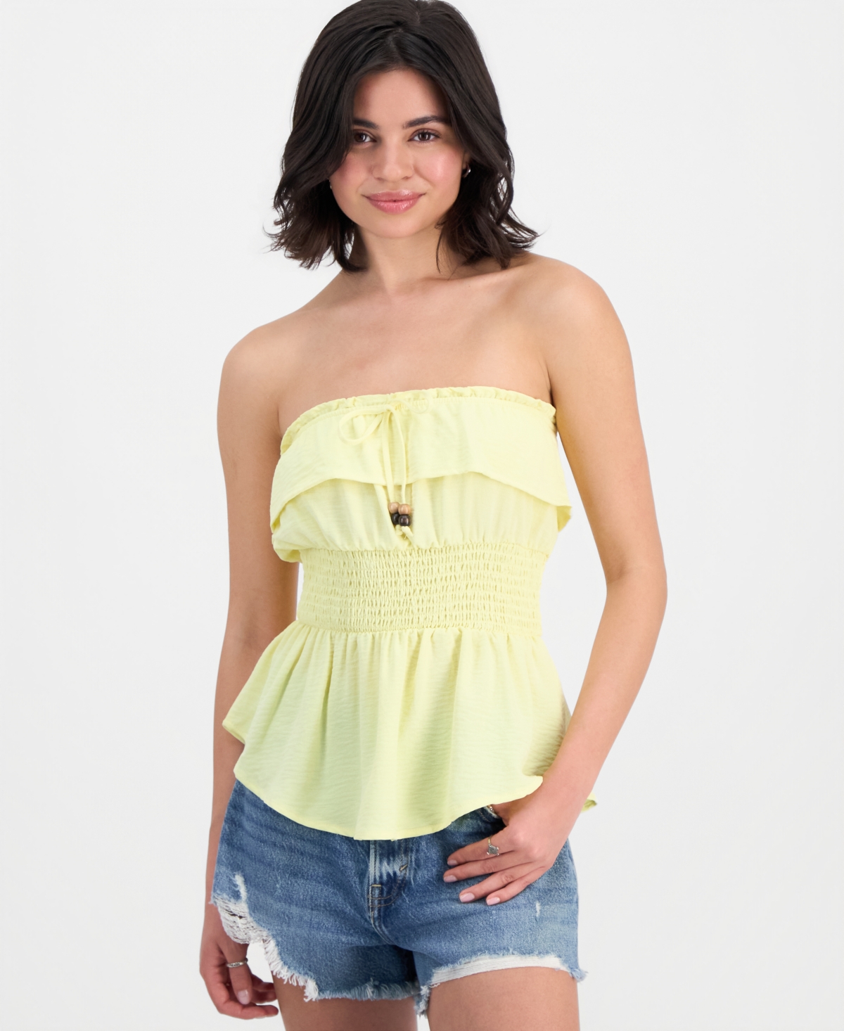 Click here for Derek Heart Juniors Overlay Smocked Strapless Top... prices