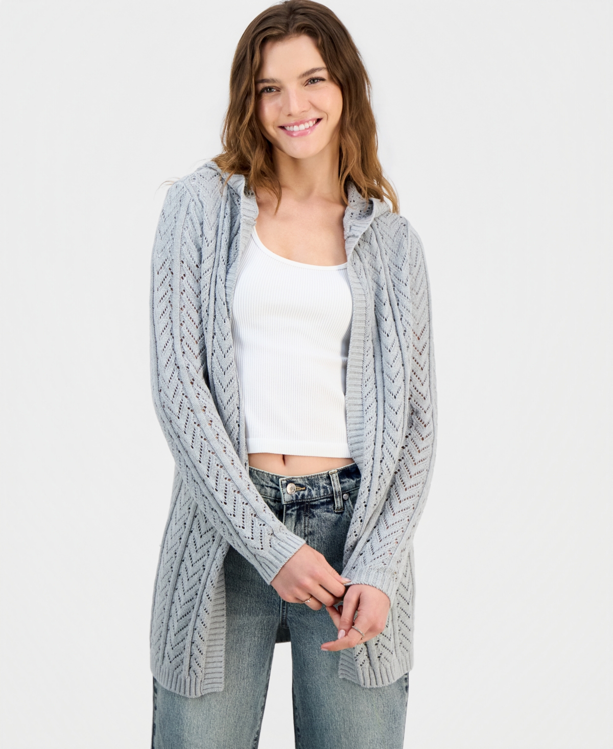 Click here for Hippie Rose Juniors Open-Front Pointelle-Knit Hood... prices