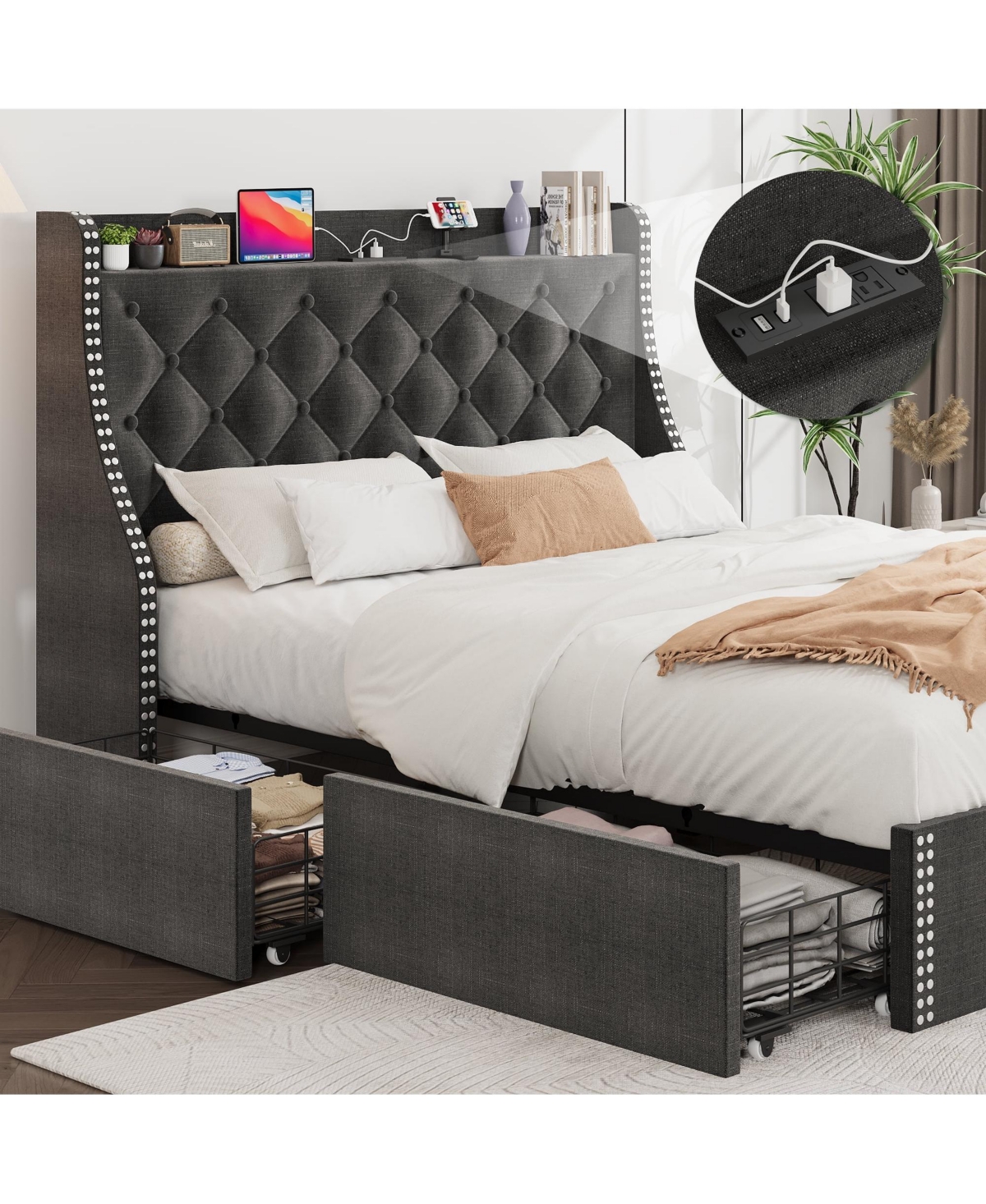 Click here for gaomon Bed Frame with Wingback Headboard & 4 Drawe... prices