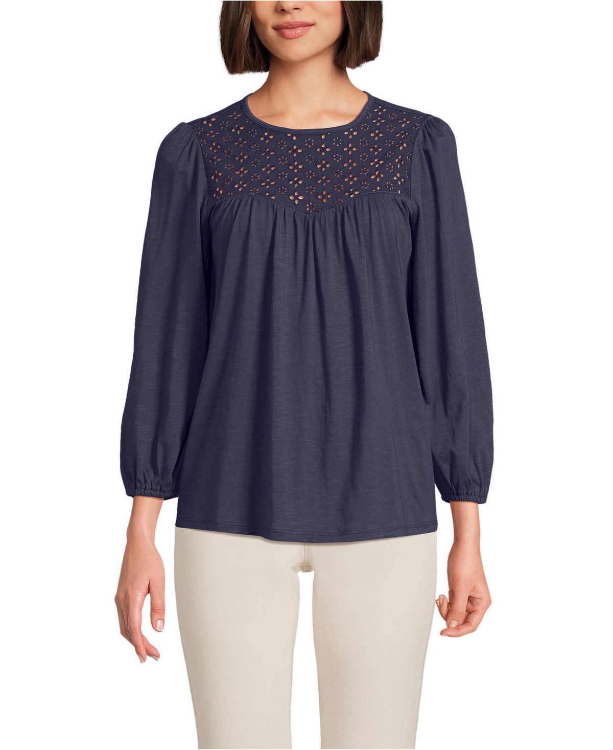 Click here for Lands End Womens 3/4 Sleeve Eyelet Mix Flowy Top -... prices