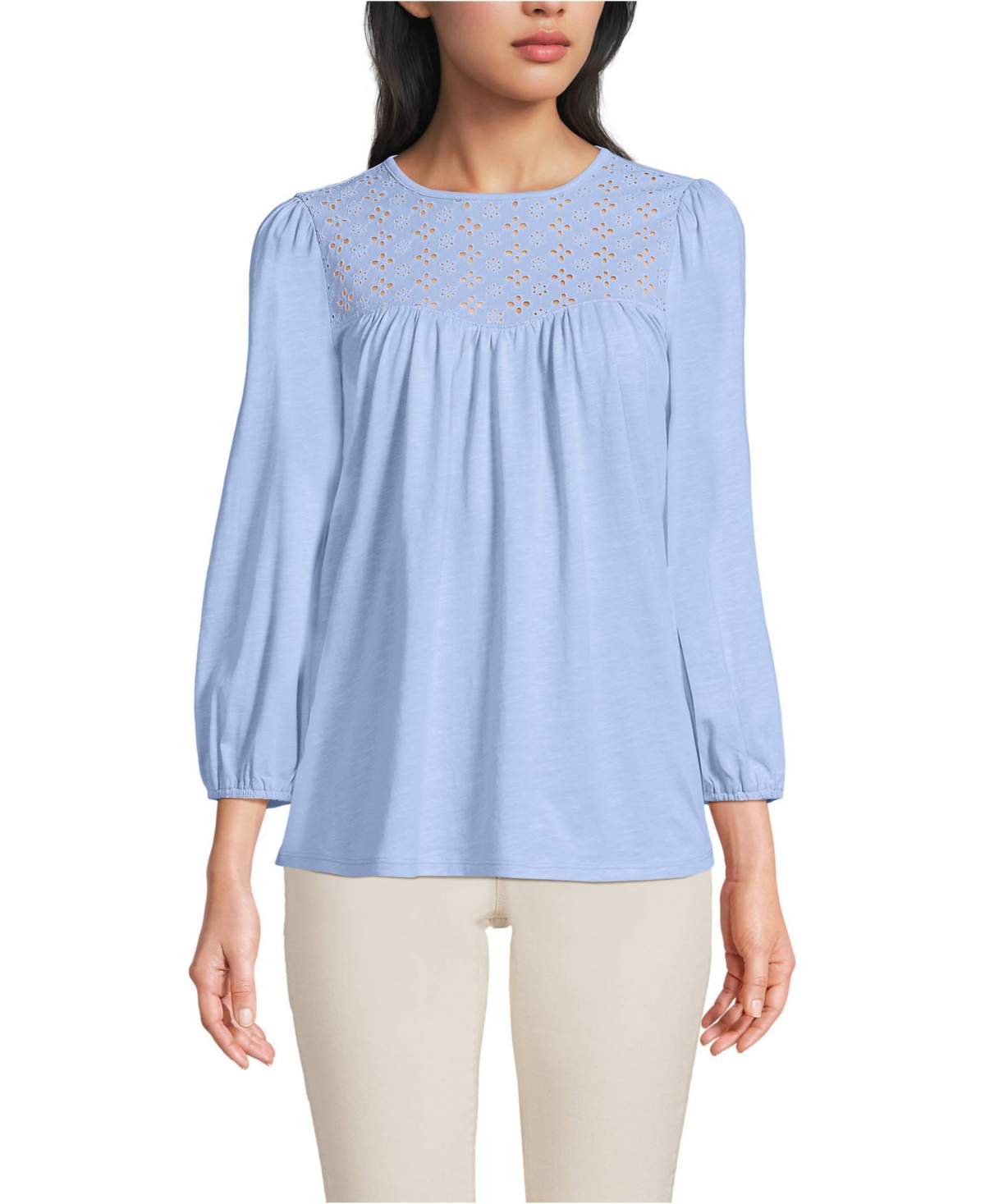 Click here for Lands End Womens 3/4 Sleeve Eyelet Mix Flowy Top -... prices