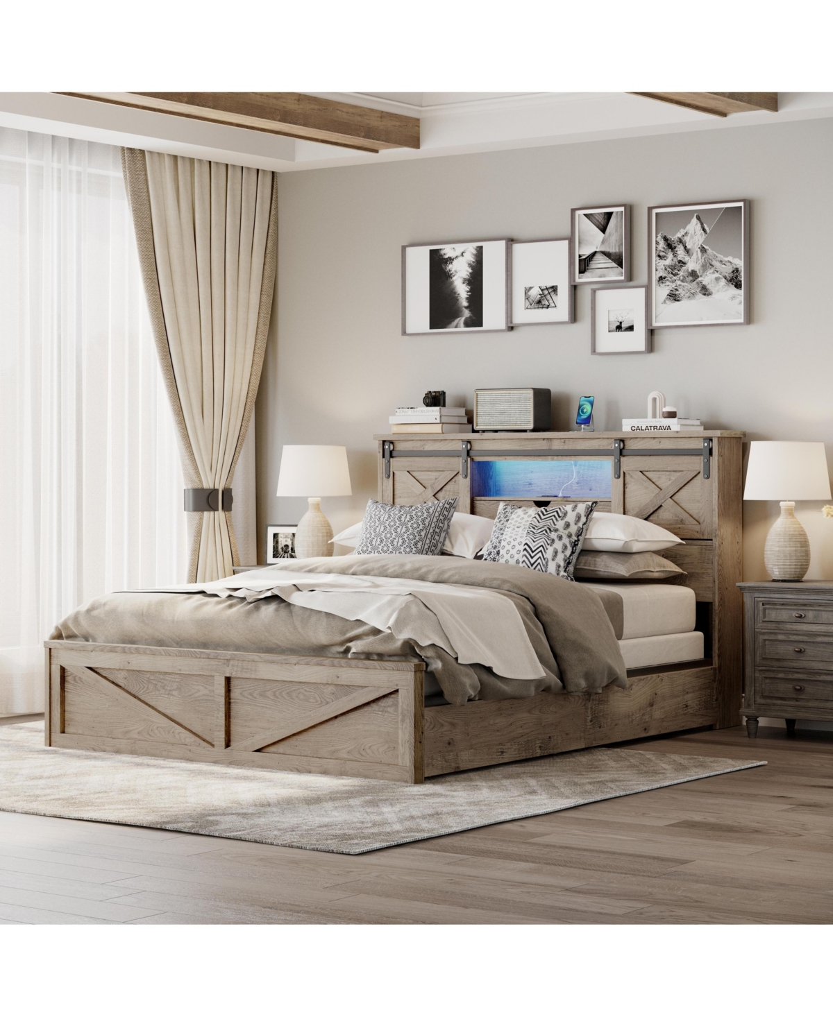 Click here for flynama Farmhouse Bed Frame With Led Lights Chargi... prices