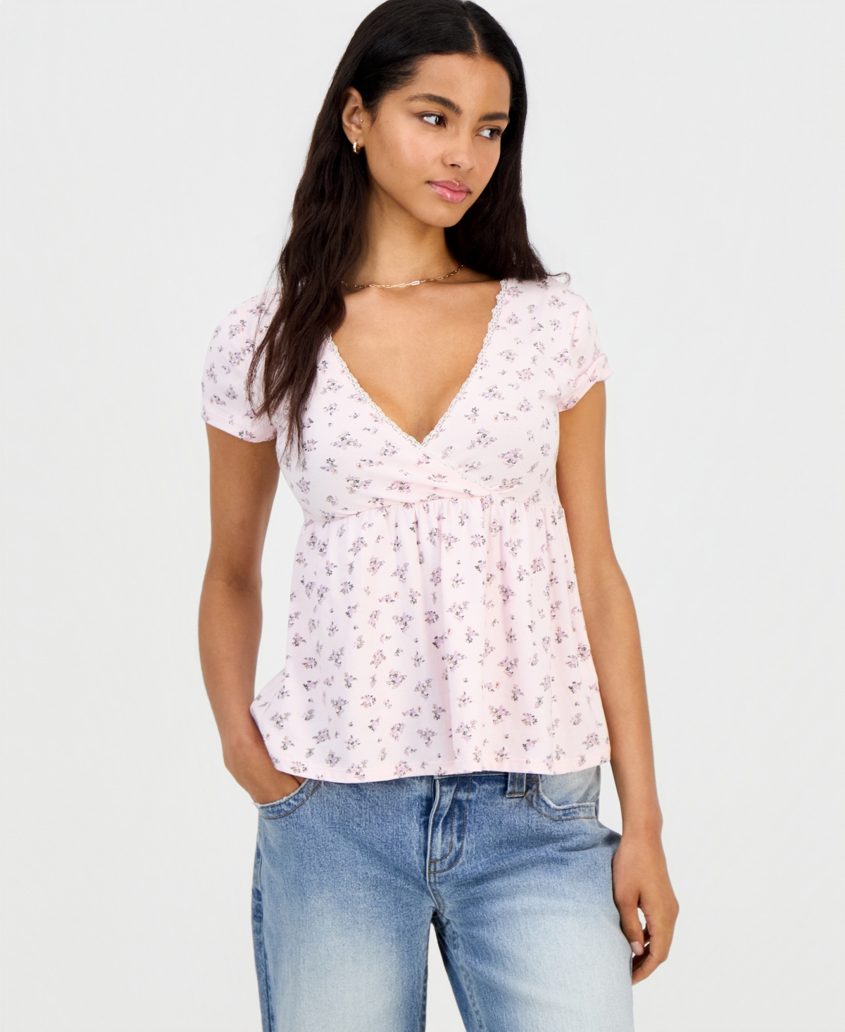 Click here for Hippie Rose Juniors Surplice-Neck Babydoll Top - P... prices