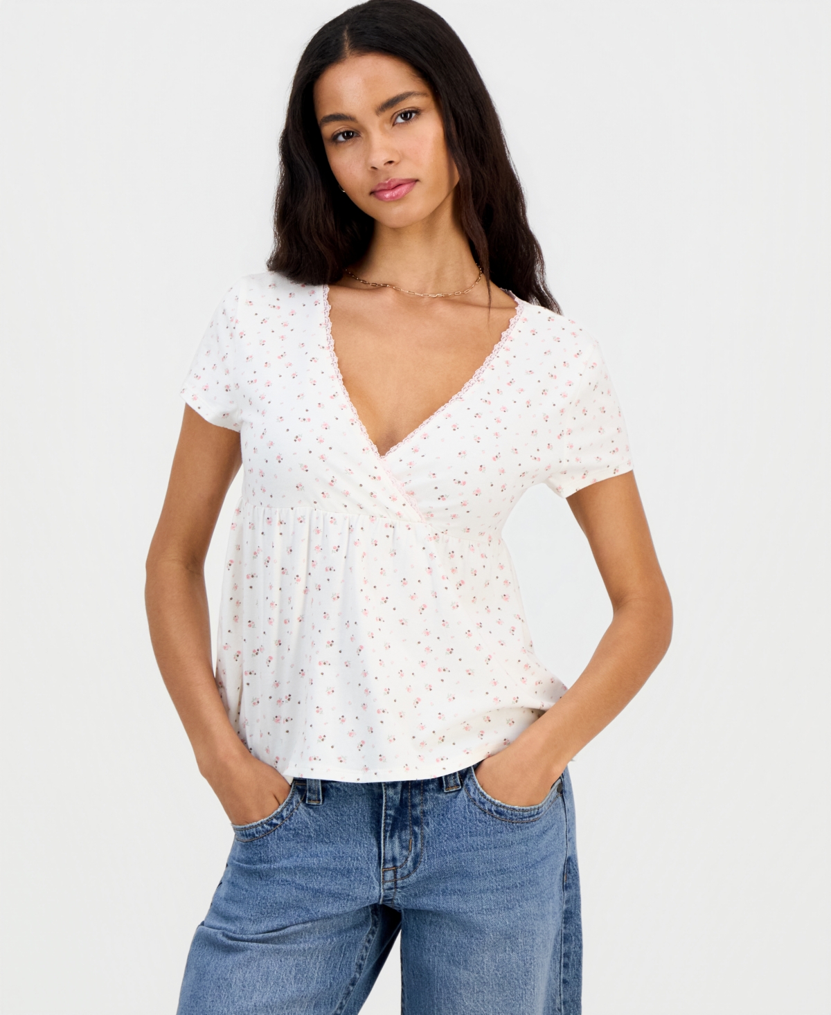 Click here for Hippie Rose Juniors Surplice-Neck Babydoll Top - W... prices
