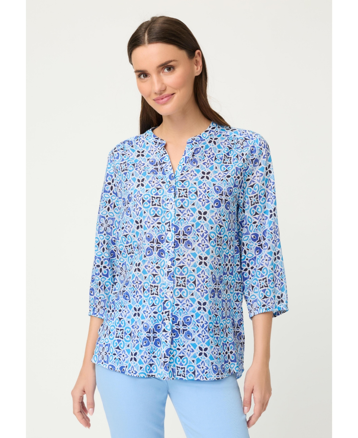 Click here for Olsen Womens Panneaux Tile Print Tunic Shirt - Bay... prices