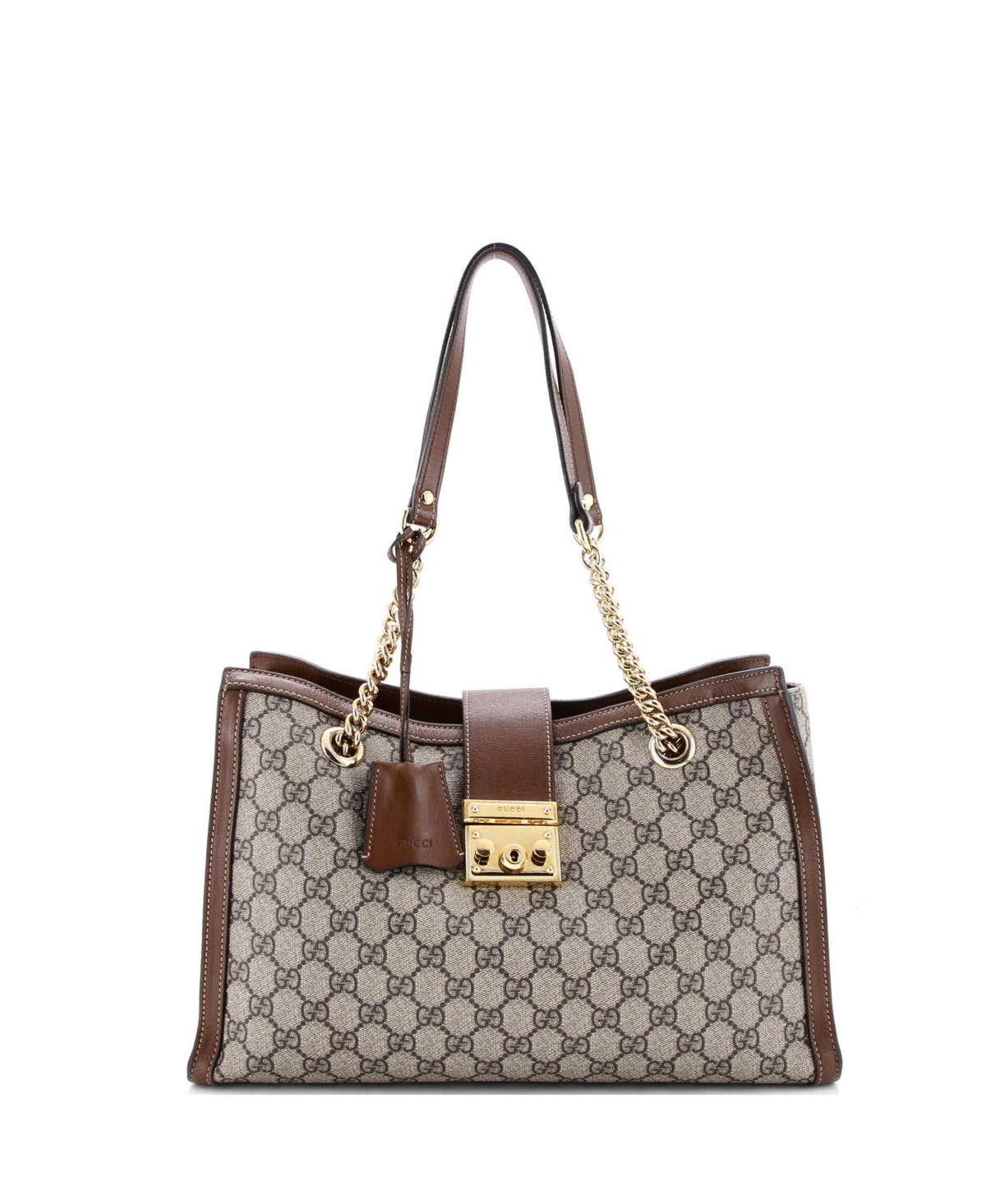 Click here for Pre-Owned Gucci Medium Padlock Chain Tote Gg Coate... prices