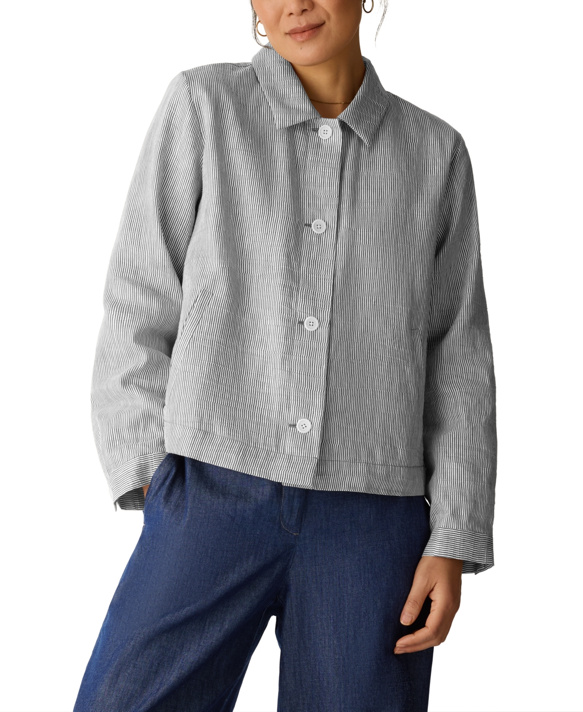 Click here for Eileen Fisher Womens Striped Collared Jacket - Wre... prices