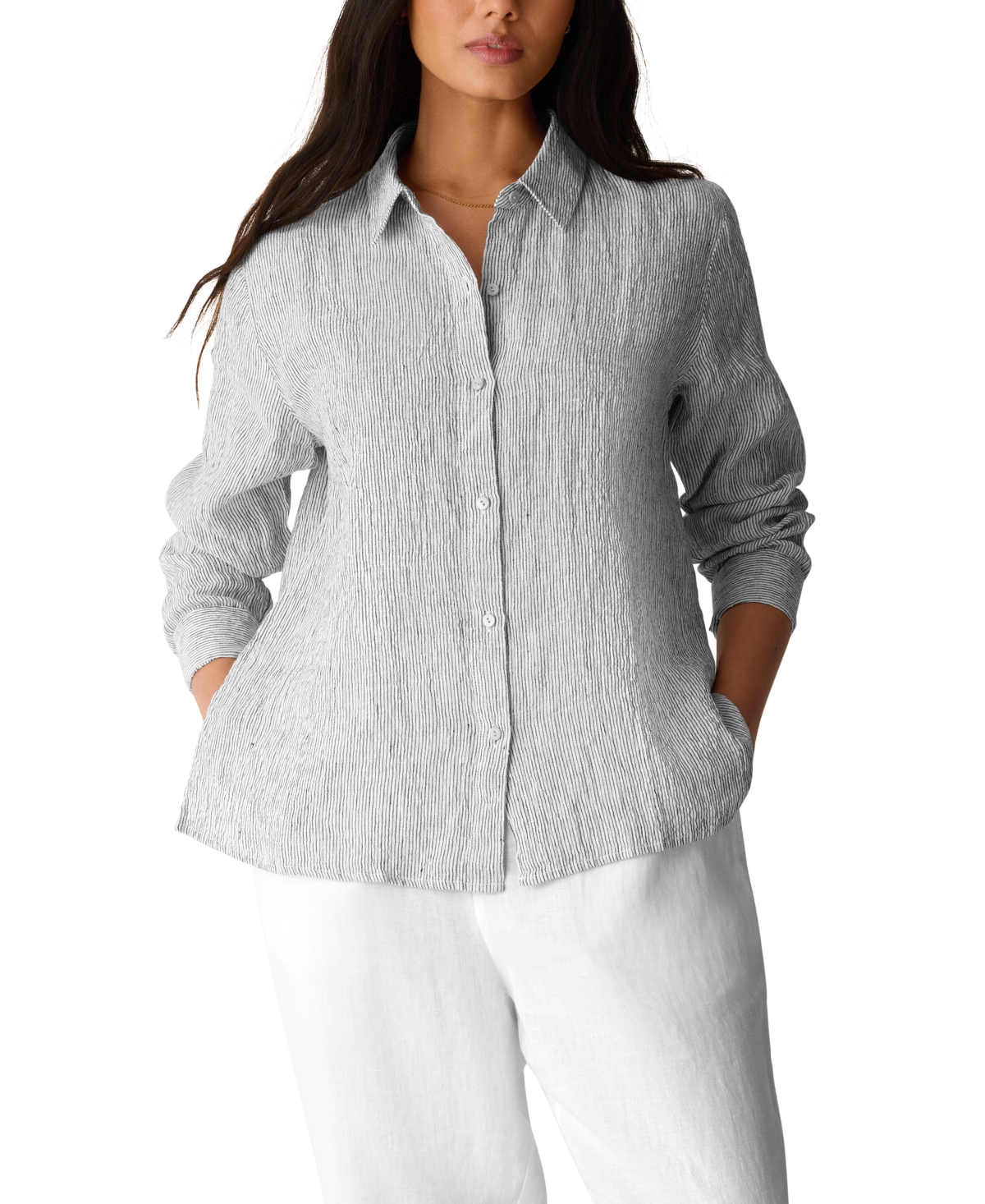 Click here for Eileen Fisher Womens Long-Sleeve Striped Collared... prices