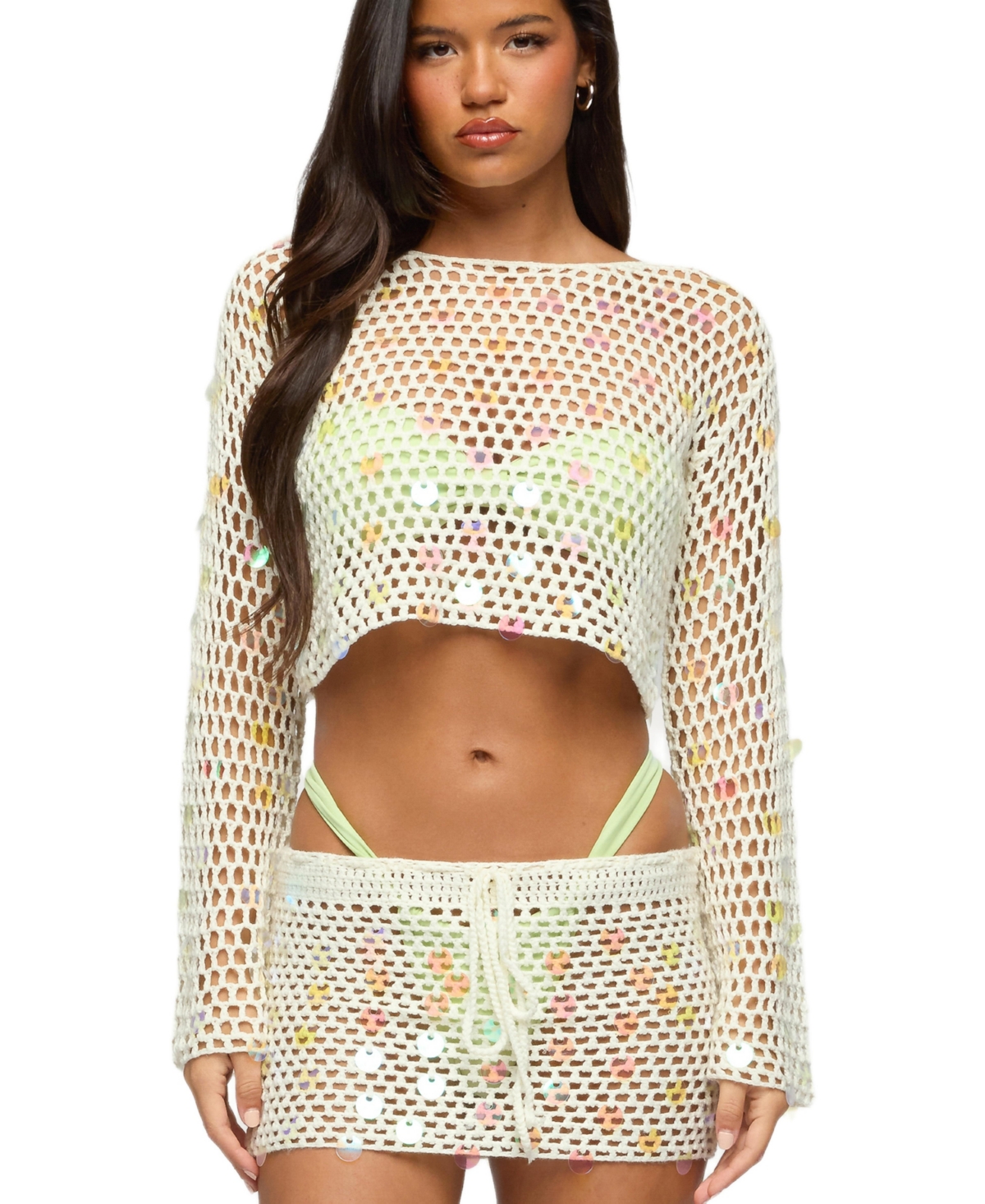 Click here for Edikted Womens Kirah Sequin Crochet Top - Cream prices