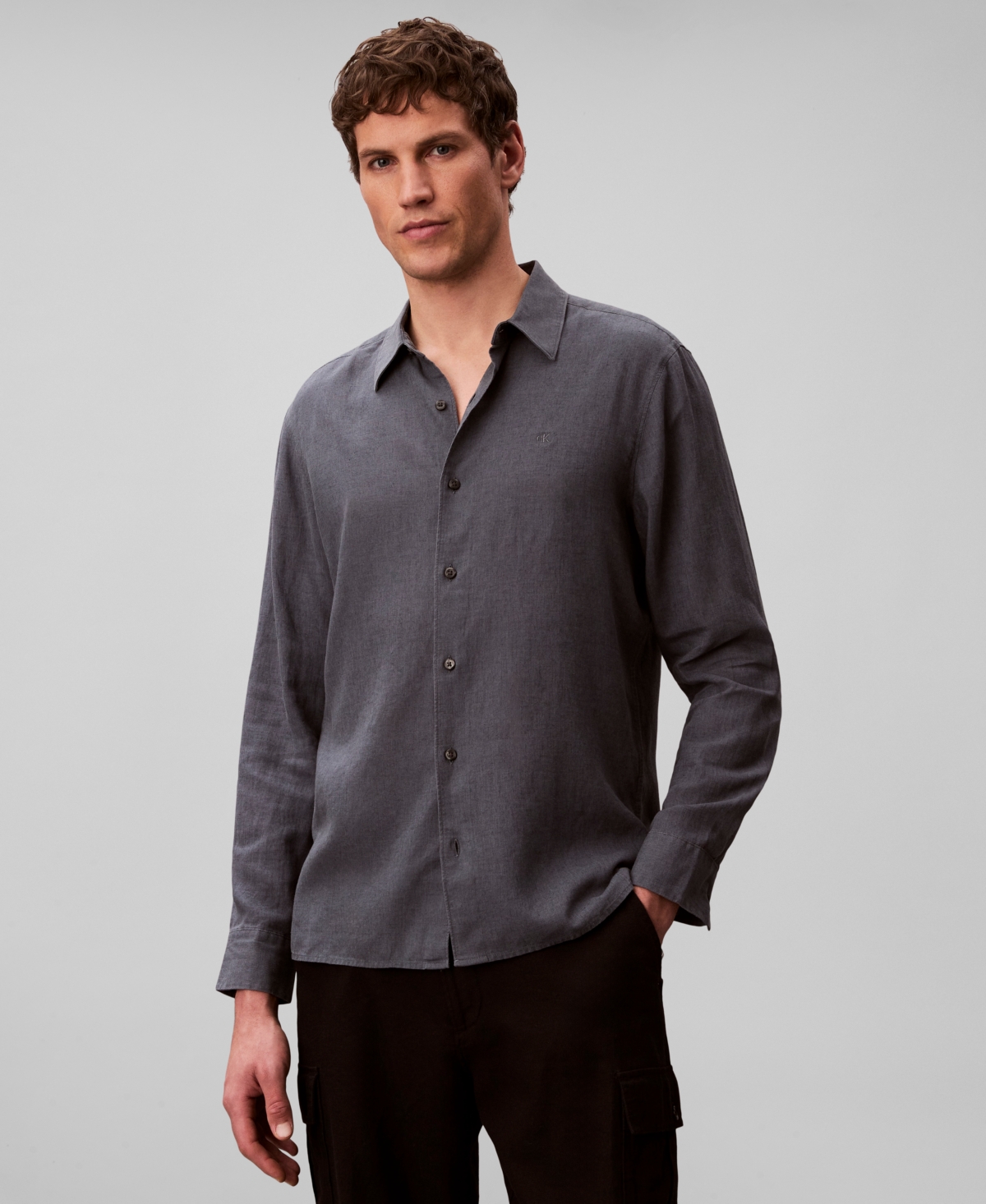 Click here for Calvin Klein Mens Solid Linen-Blend Shirt - Turbul... prices