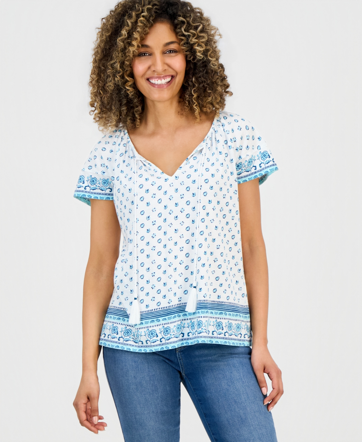 Click here for Style & Co Petite Split-Neck Flutter-Sleeve Printe... prices