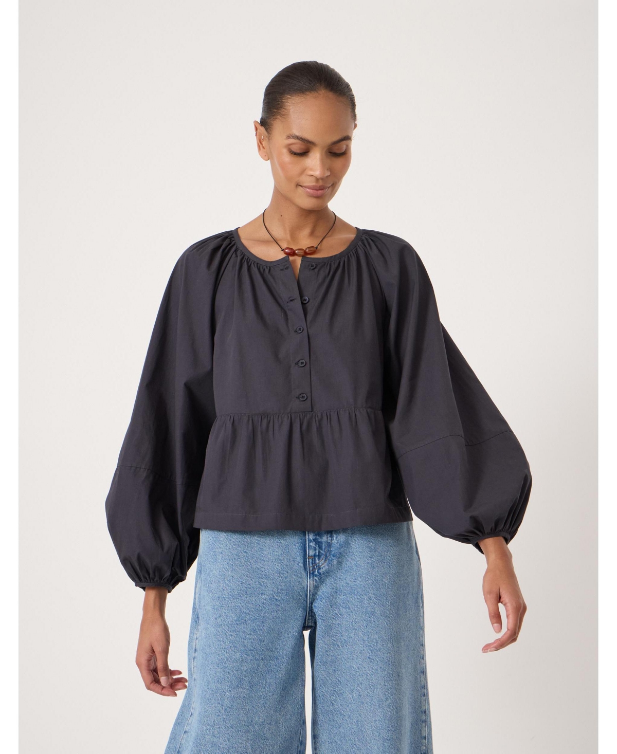 Click here for Hush Womens Beck Cotton Peplum Blouse - Navy blue prices