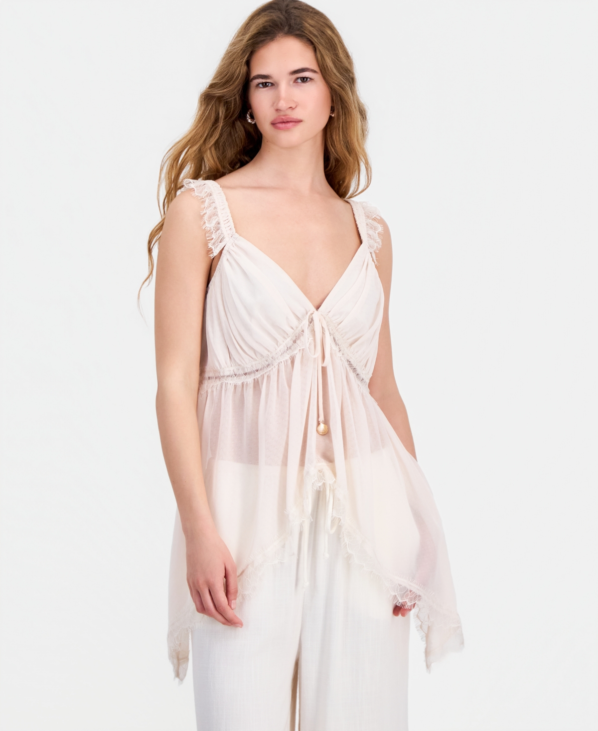 Click here for And Now This Petite Asymmetrical-Hem Lace-Trim Tan... prices