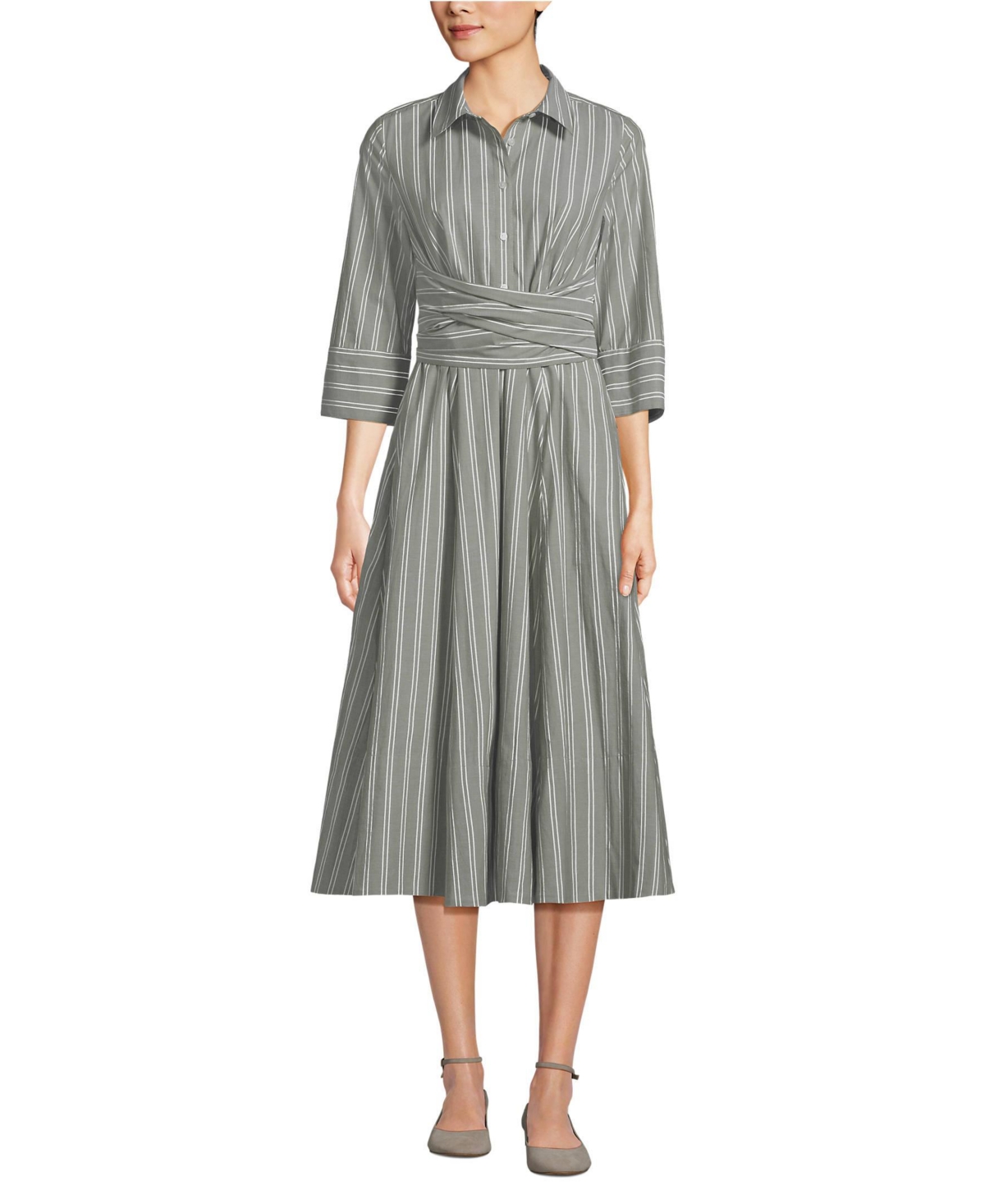 Click here for Lands End Womens Poplin Midi Wrap Front Dress - Ri... prices