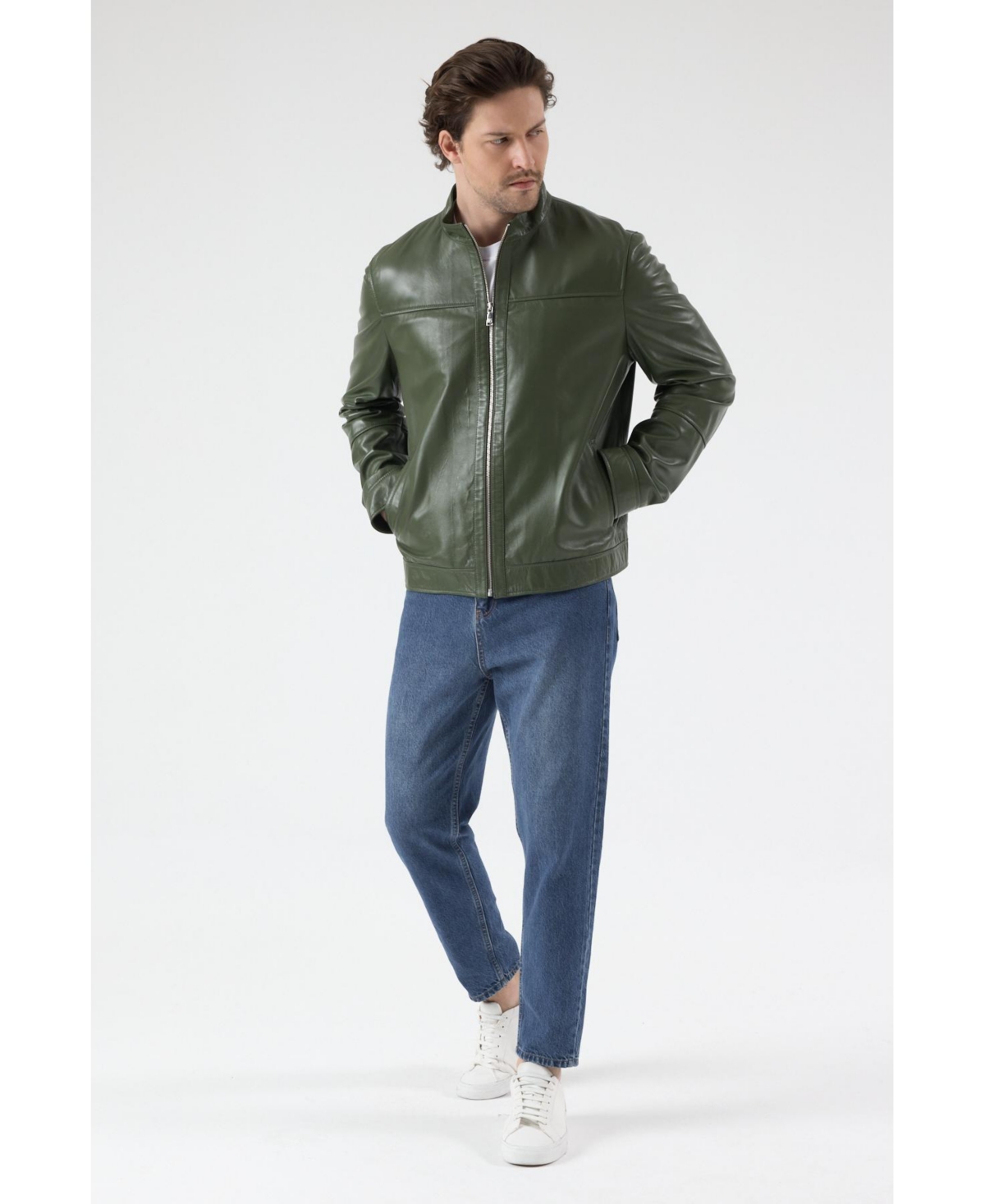 Click here for Furniq Uk Mens Leather Racer Jacket - Chive green prices