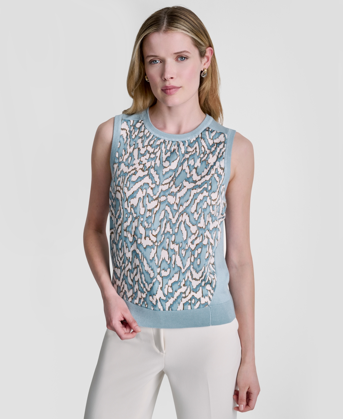 Click here for Dkny Womens Sleeveless Printed Sweater - Cameo Blu... prices