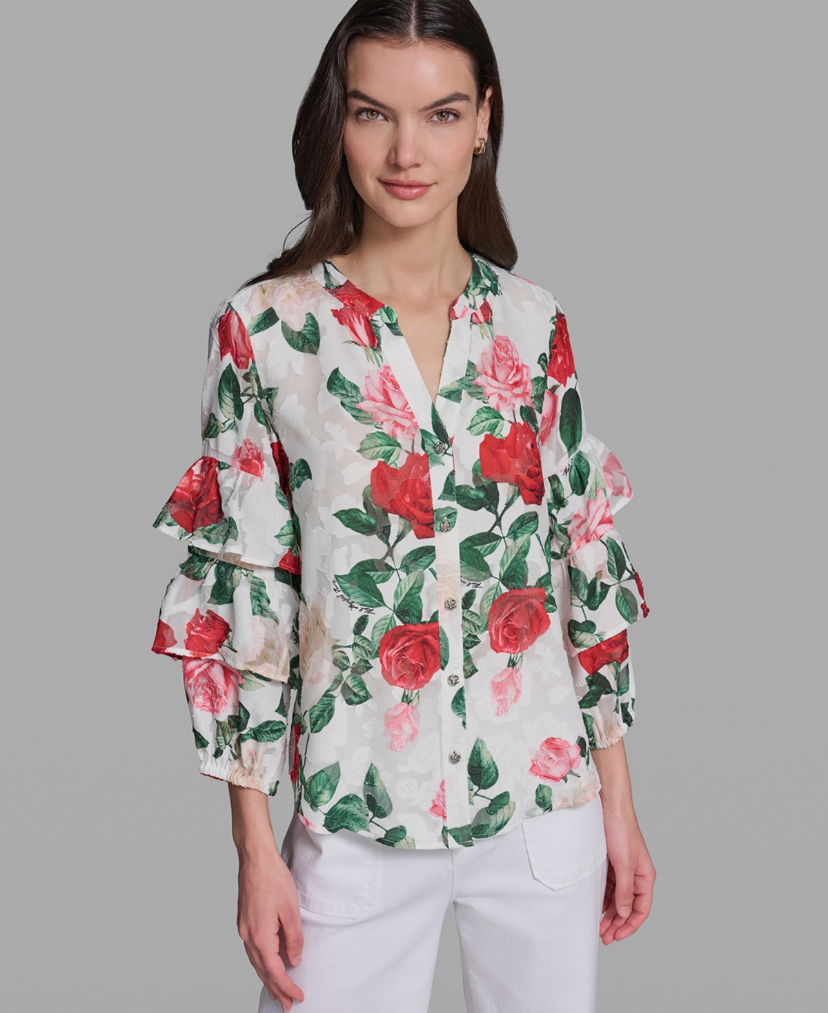 Click here for Karl Lagerfeld Paris Petite Ruffle-Sleeve Rose Pri... prices