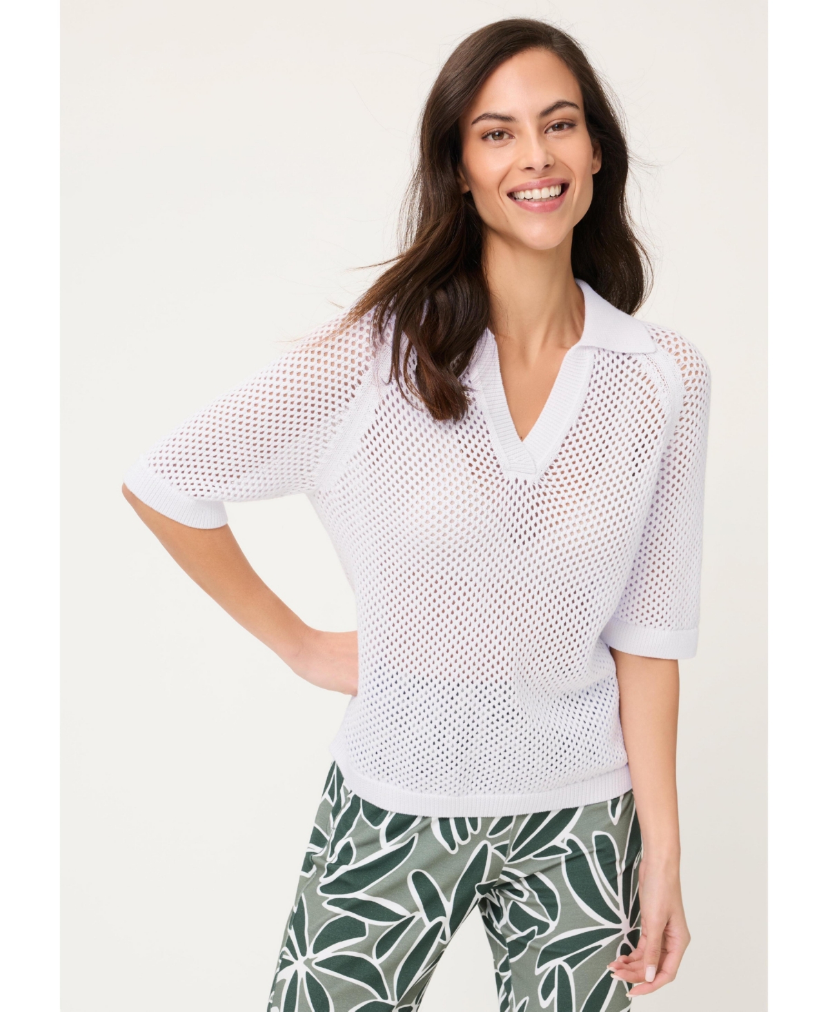 Click here for Olsen Womens Ajour Knit Polo Sweater - White prices