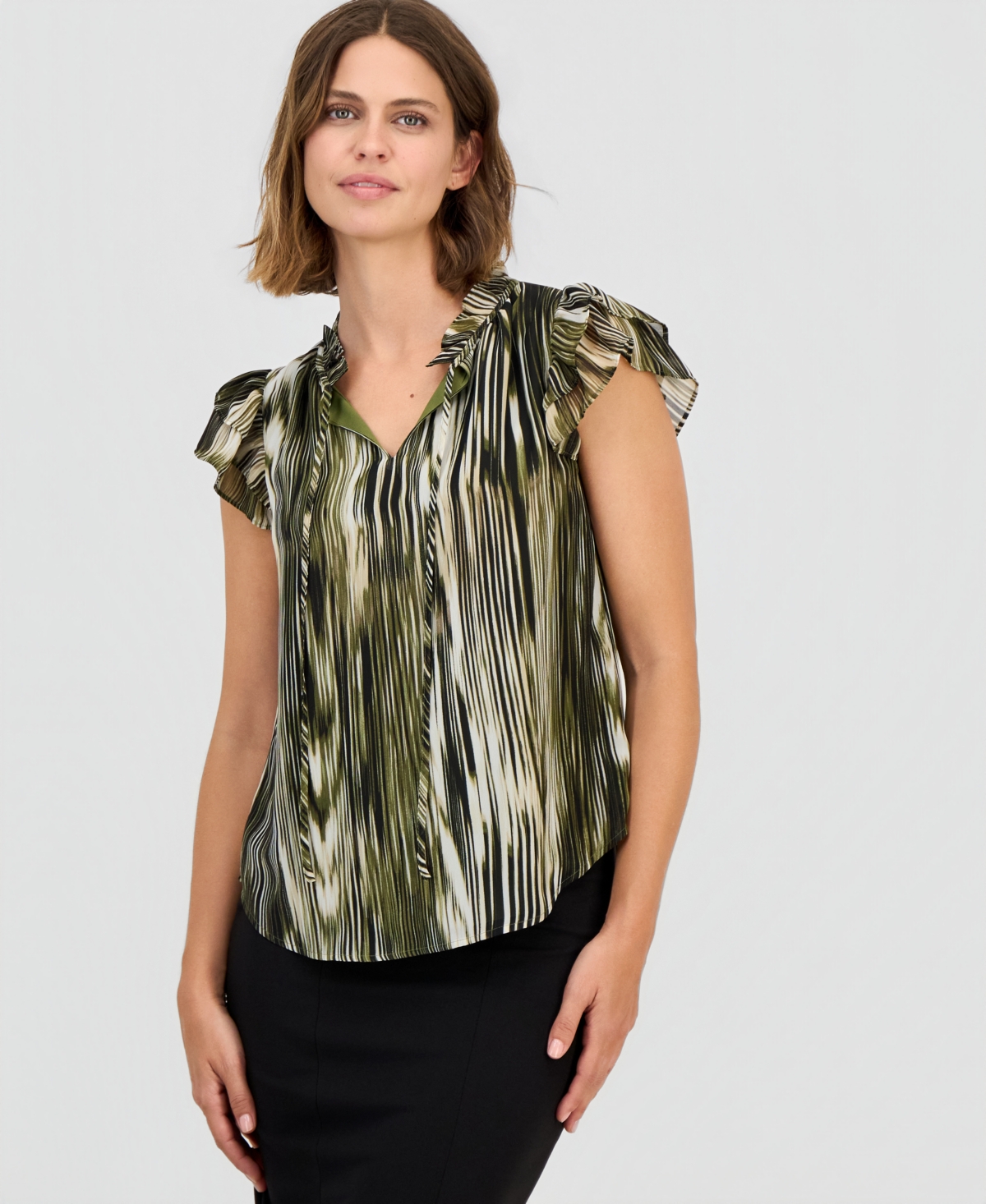 Click here for Anne Klein Womens Flutter-Sleeve Tie-Neck Top - Ba... prices