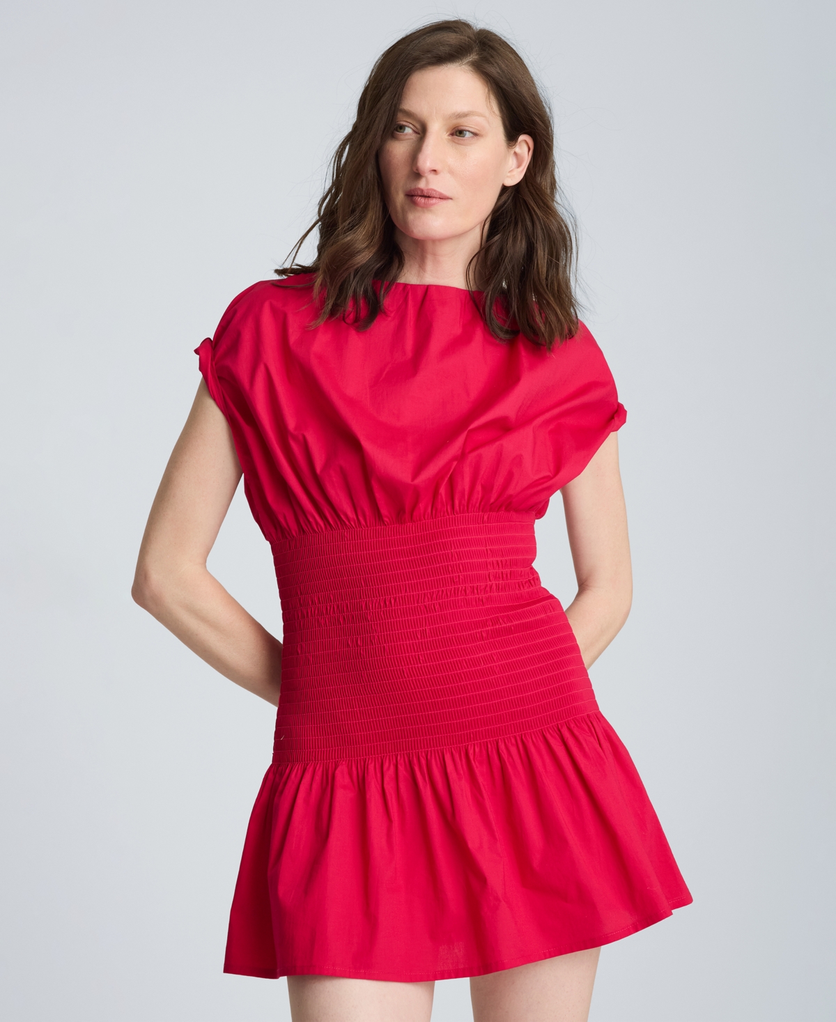 Click here for Kenneth Cole Womens Smocked Waist Boat Neck Mini D... prices