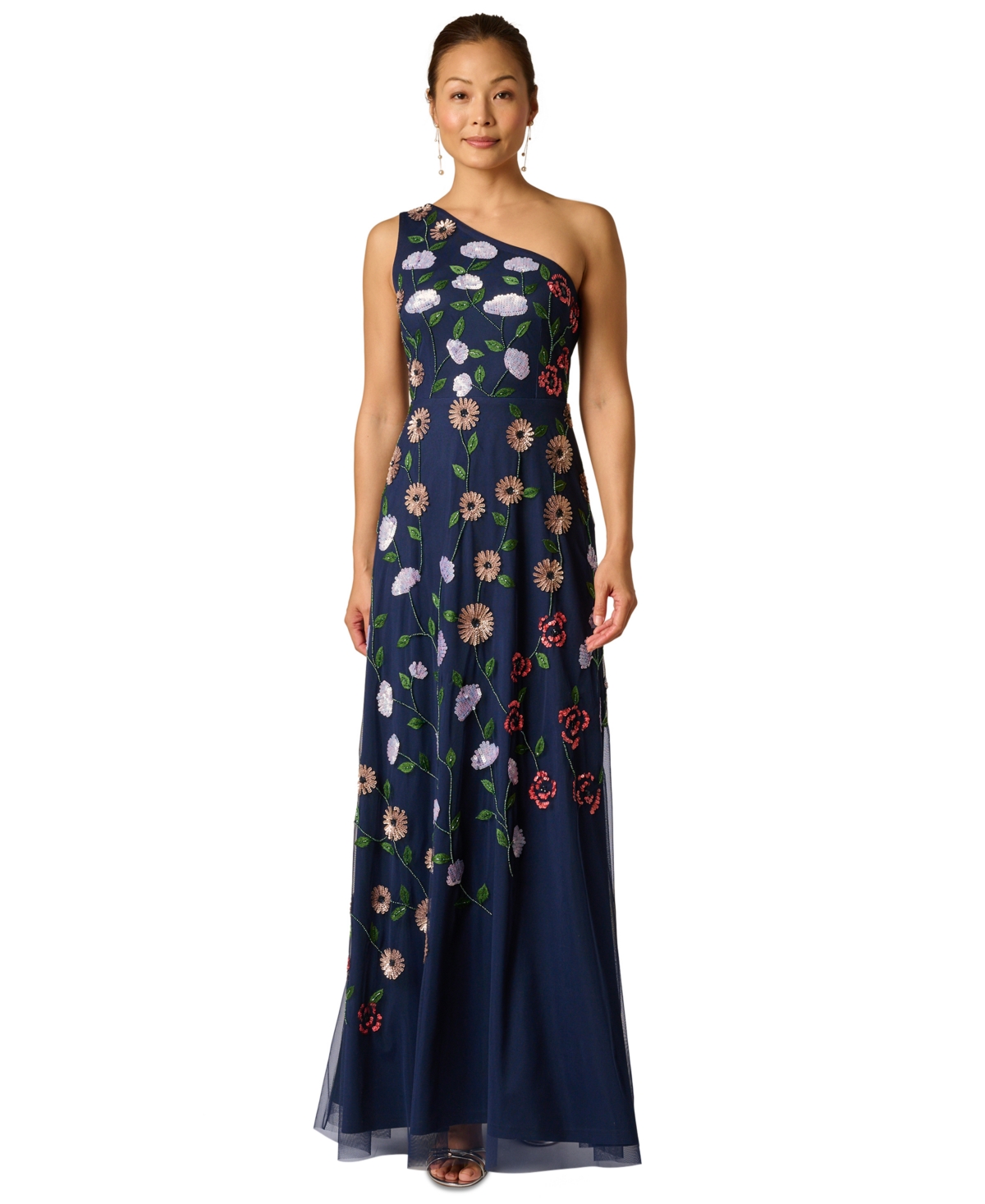 Click here for Adrianna Papell Womens One Shoulder Mesh Long Dres... prices