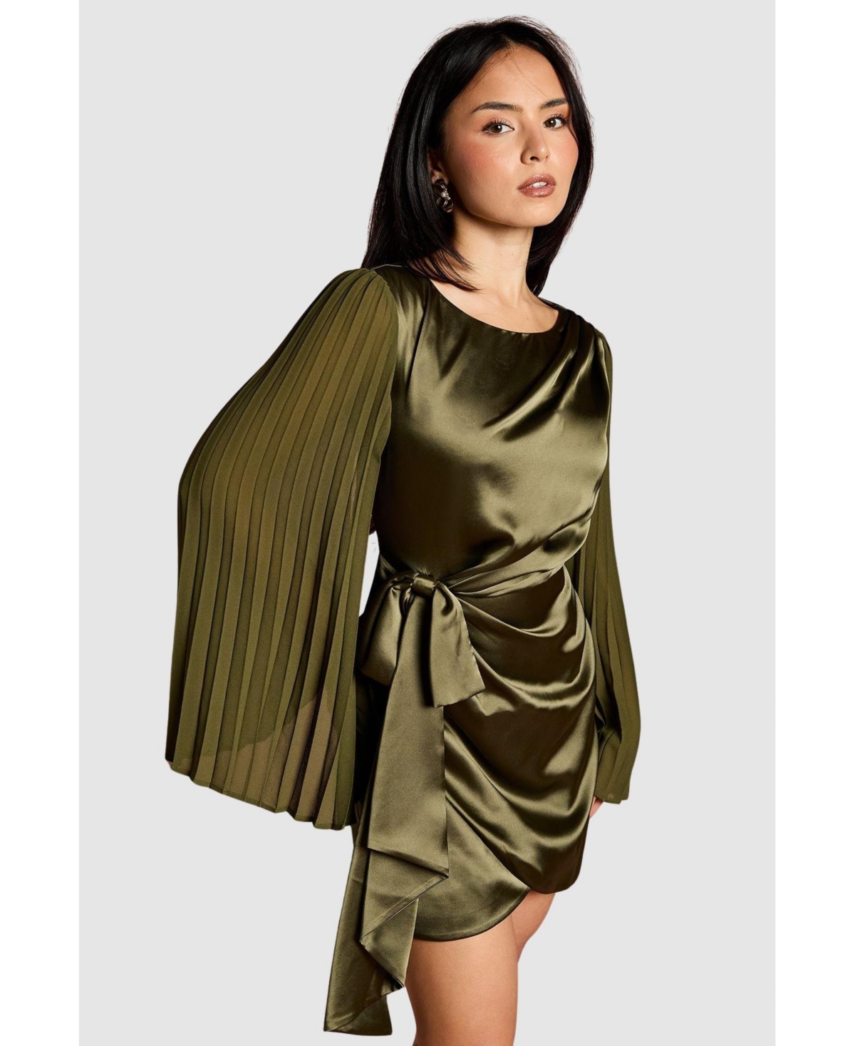 Click here for Coast Womens Satin Pleated Flare Mini Dress - Oliv... prices