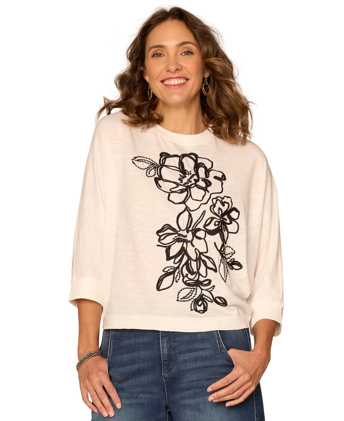 Click here for Democracy Petite Scoop Neck Embroidered Knit Top -... prices