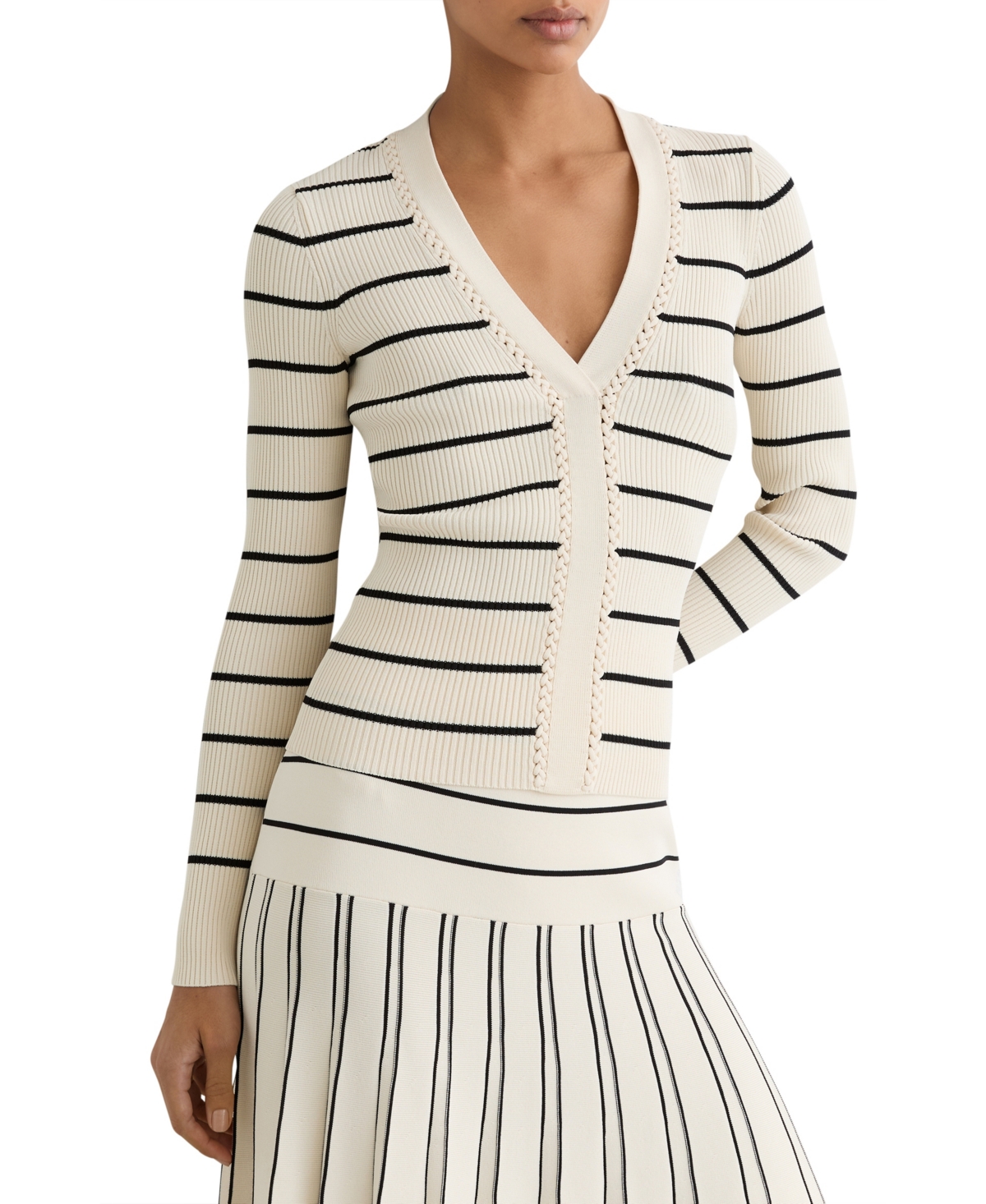 Click here for Reiss Womens Stripe Craft-Stitch Rib-Knit Top - Iv... prices