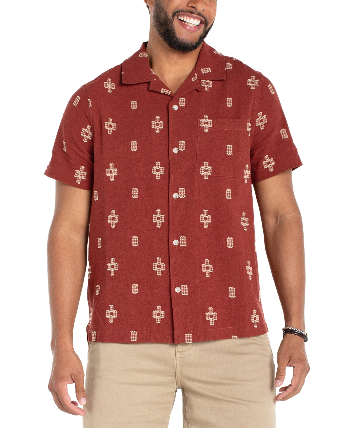 Liverpool Los Angeles Mens Short-Sleeve Camp Collar Shirt - Red Oat