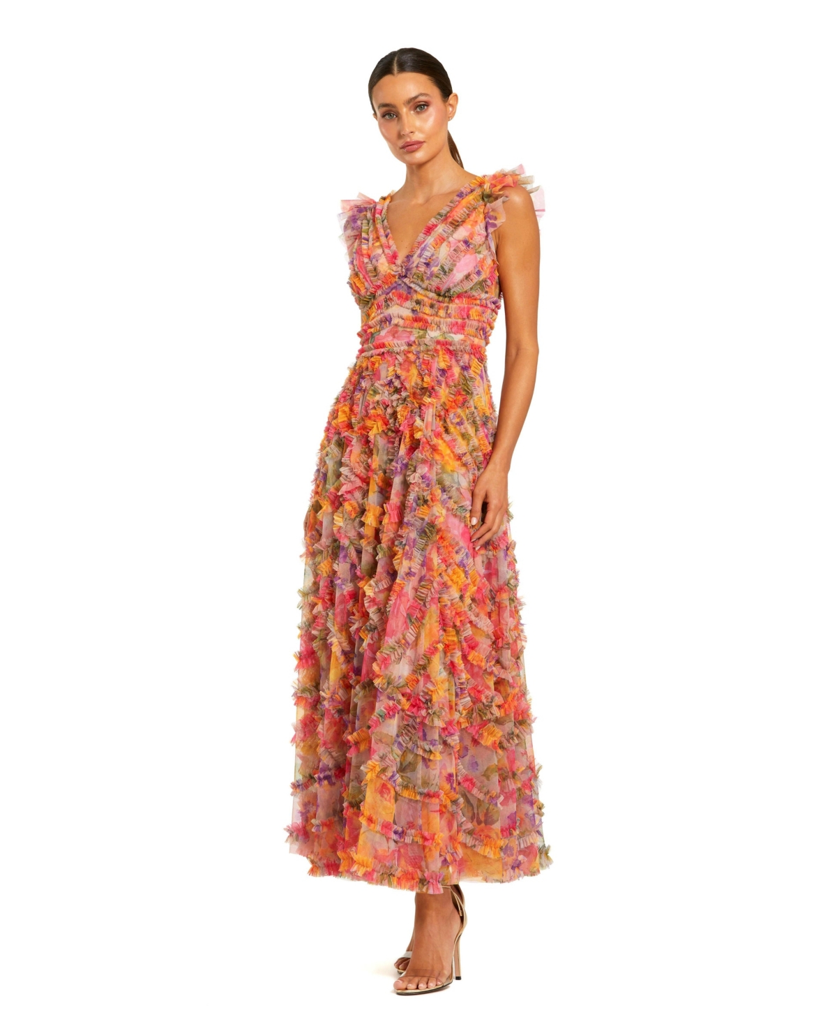 Click here for Mac Duggal Petite Multicolor Floral V-Neck Ruffle... prices