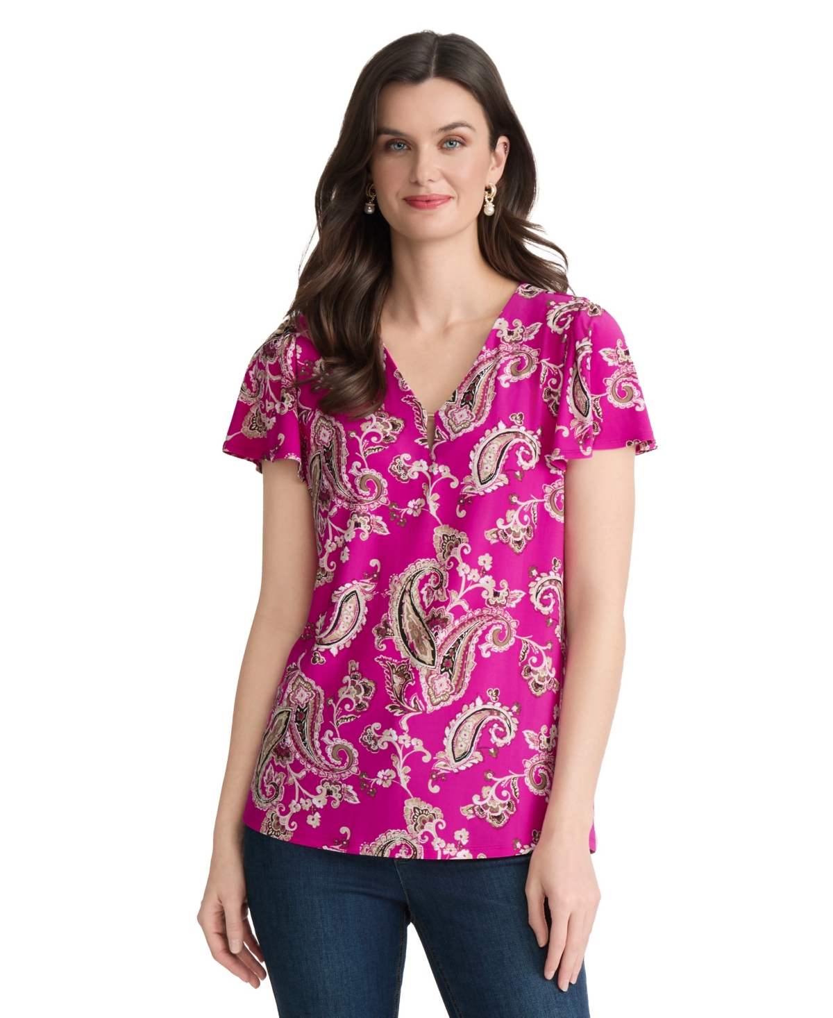 Click here for Jones New York Womens Printed V-Neck Top - Bright... prices