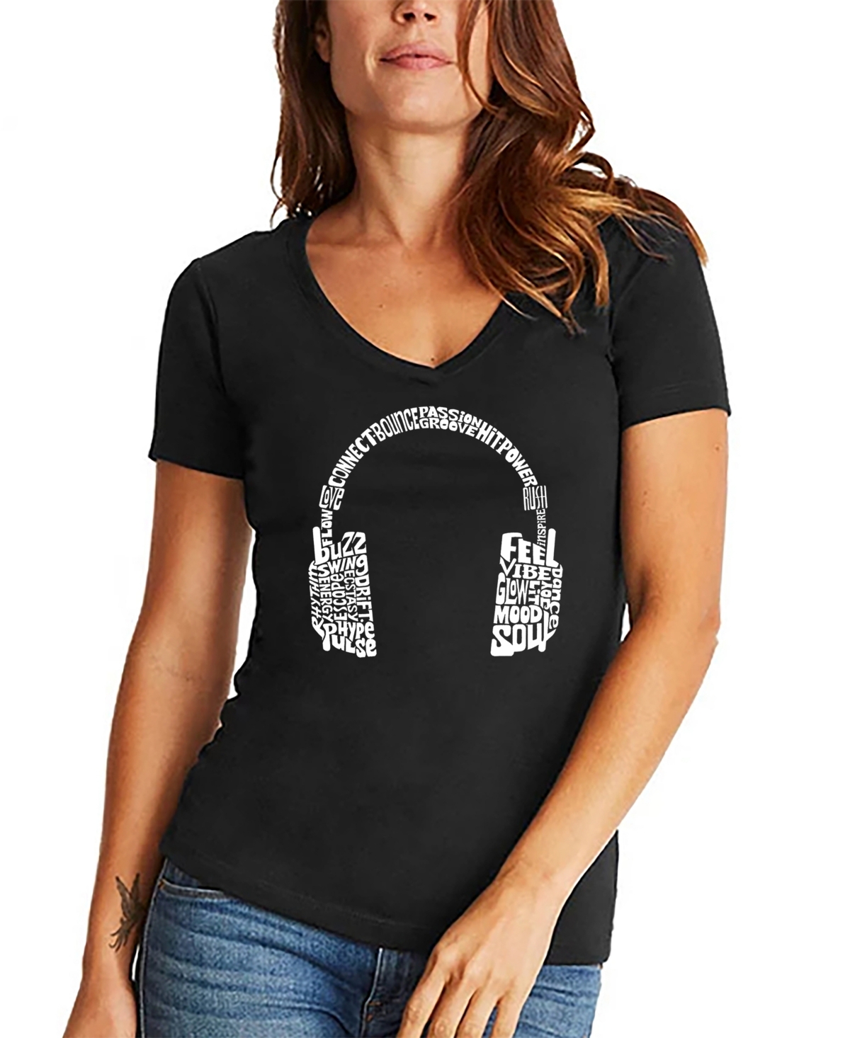 Click here for La Pop Art Womens Mood Headphones Word Art V-Neck... prices